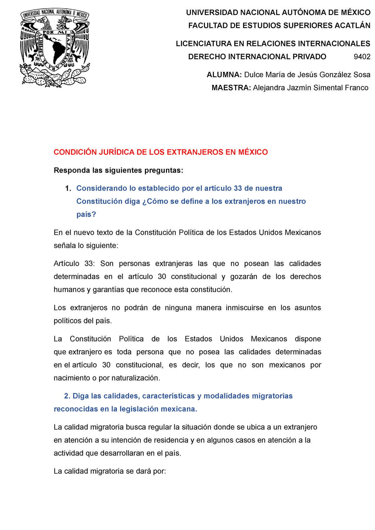 Condición Jurídica De Los Extranjeros En México CondiciÓn JurÍdica De