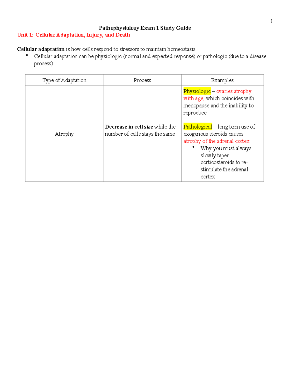 Patho Exam 1 Study Guide Pathophysiology Exam 1 Study Guide Unit 1