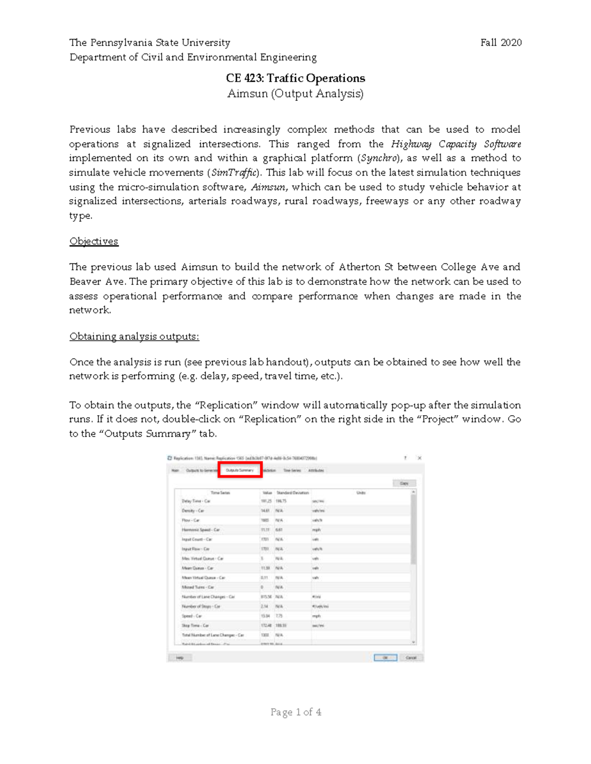 Lab 13 Aimsun Output Analysis The Pennsylvania State University