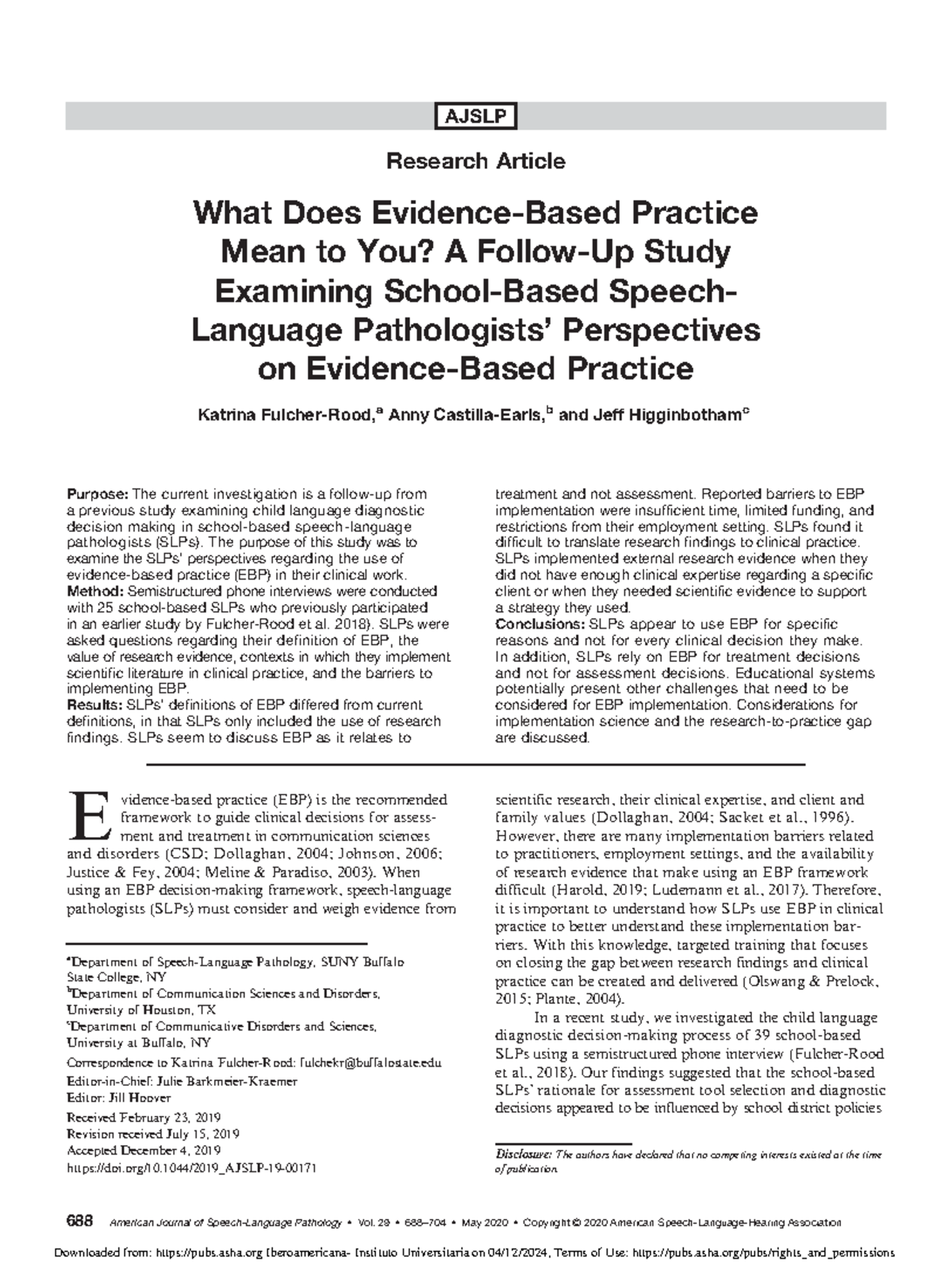 Fulcher Rood Et Al 2020 What Does Evidence Based Practice Mean To You A