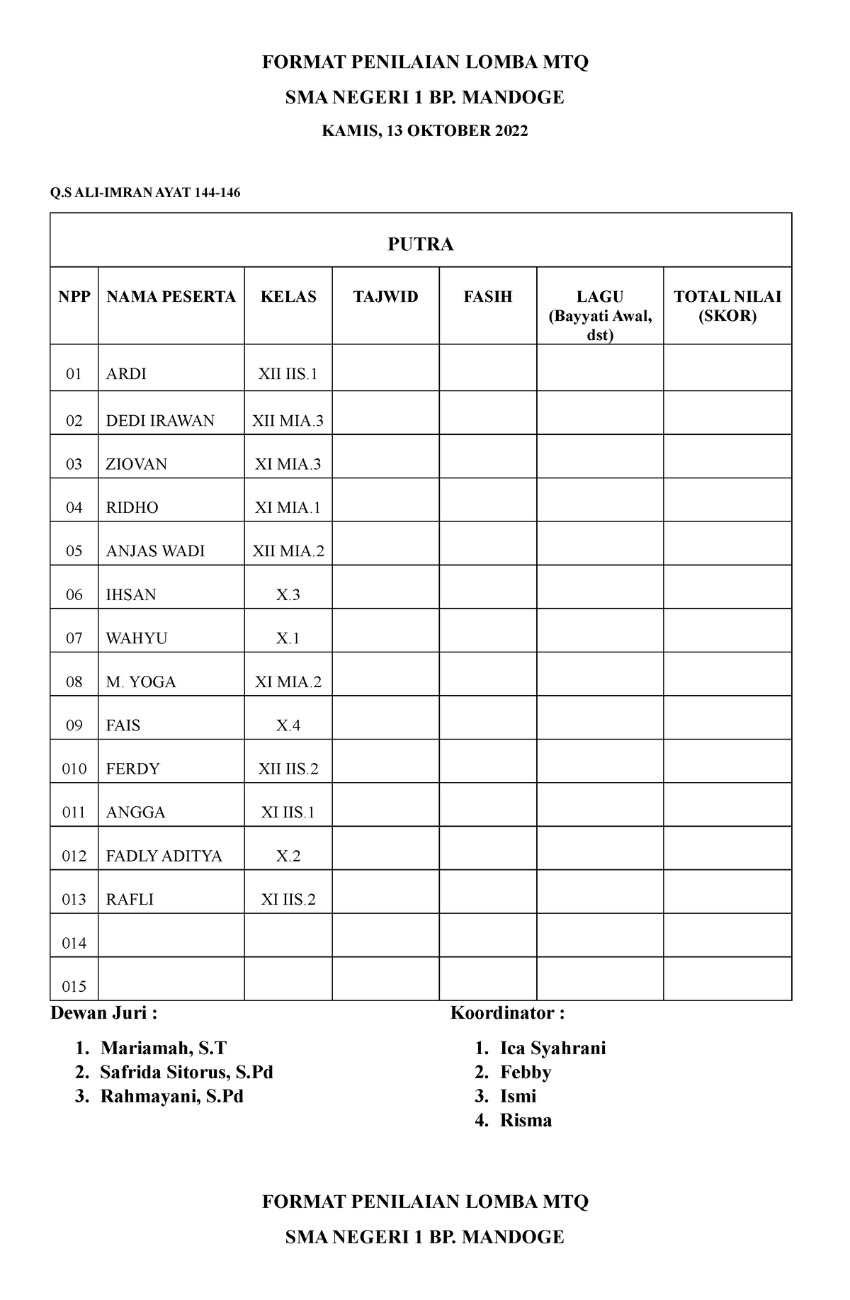 Contoh Format Penilaian Lomba Mtq Buku Pelajaran Gamb