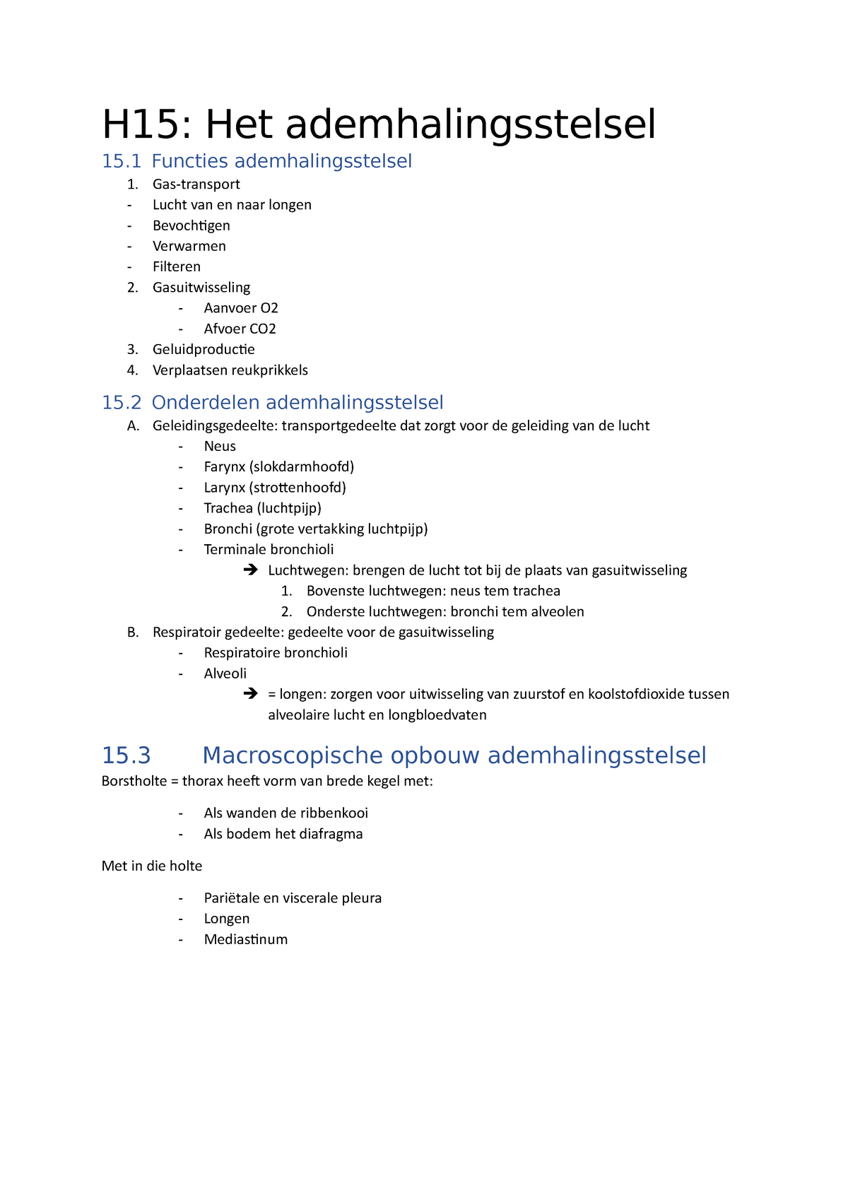 Samenvatting H15 Het Ademhalingsstelsel Eerste Jaar Verpleegkunde Vrhi3