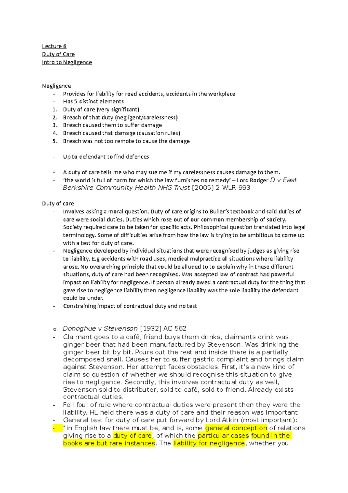 Lecture 6 Duty Of Care Negligence Elements Lecture 6 Duty Of Care