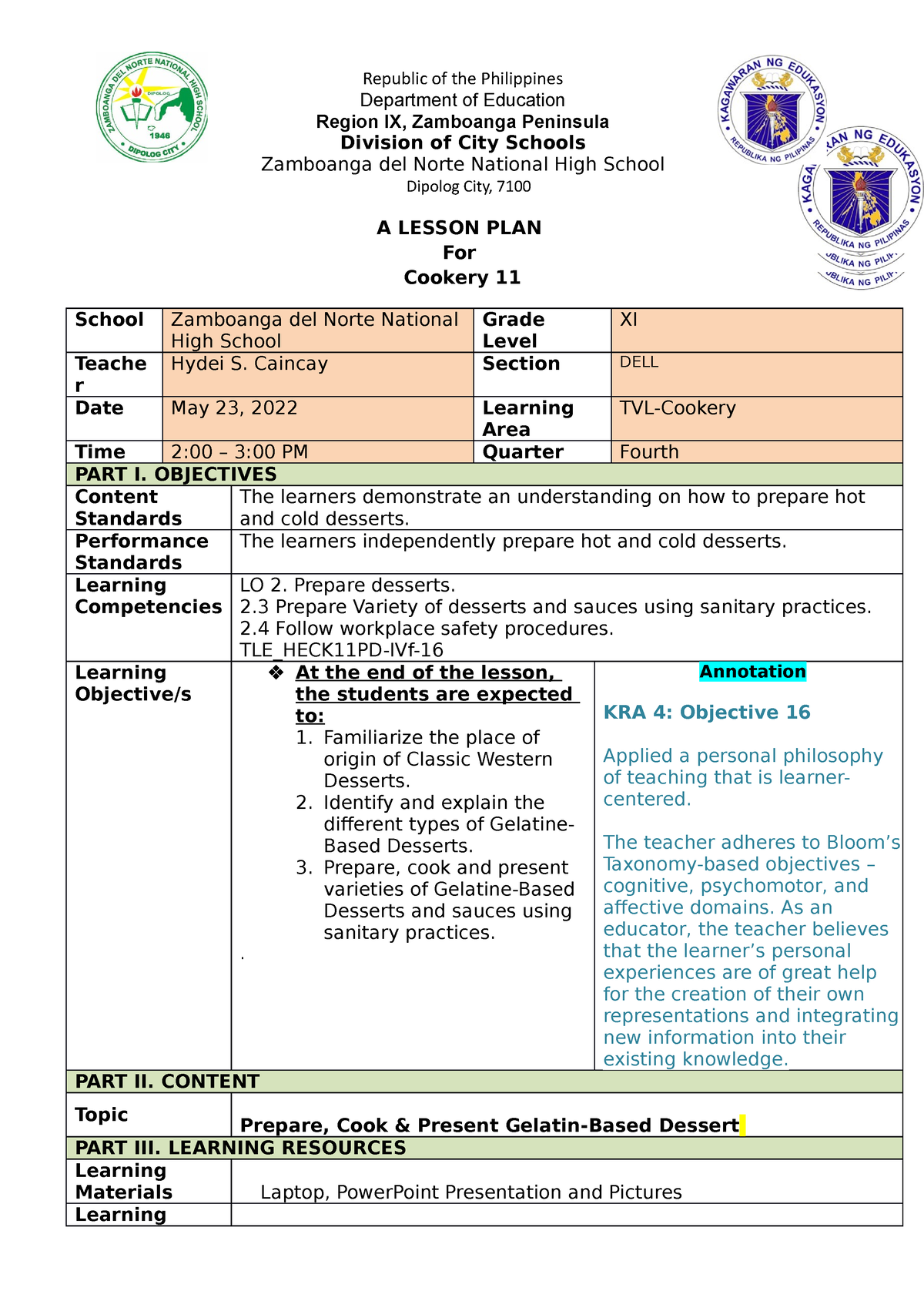 Detailed Lesson Plan English Math Science Filipino Ho