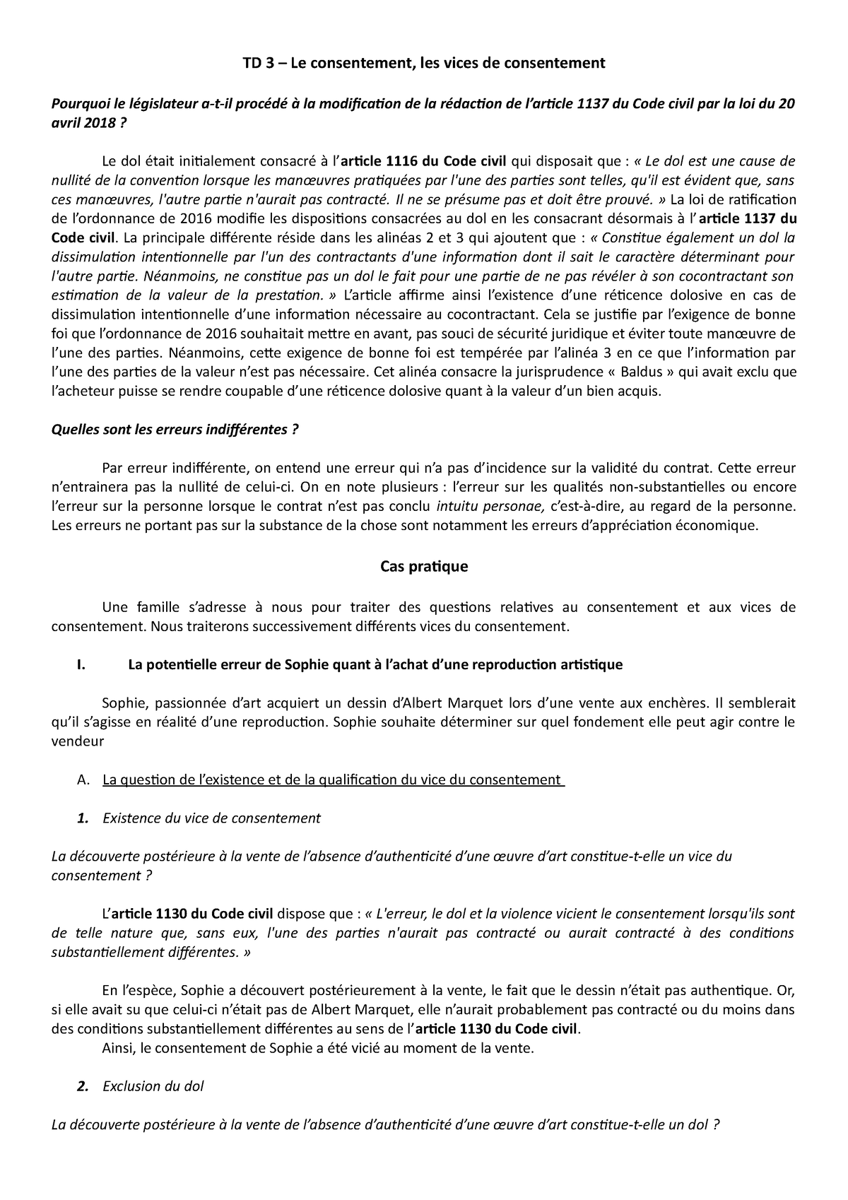 Td 3 Cas Pratiques Sur Les Vices Du Consentement Td 3 Le