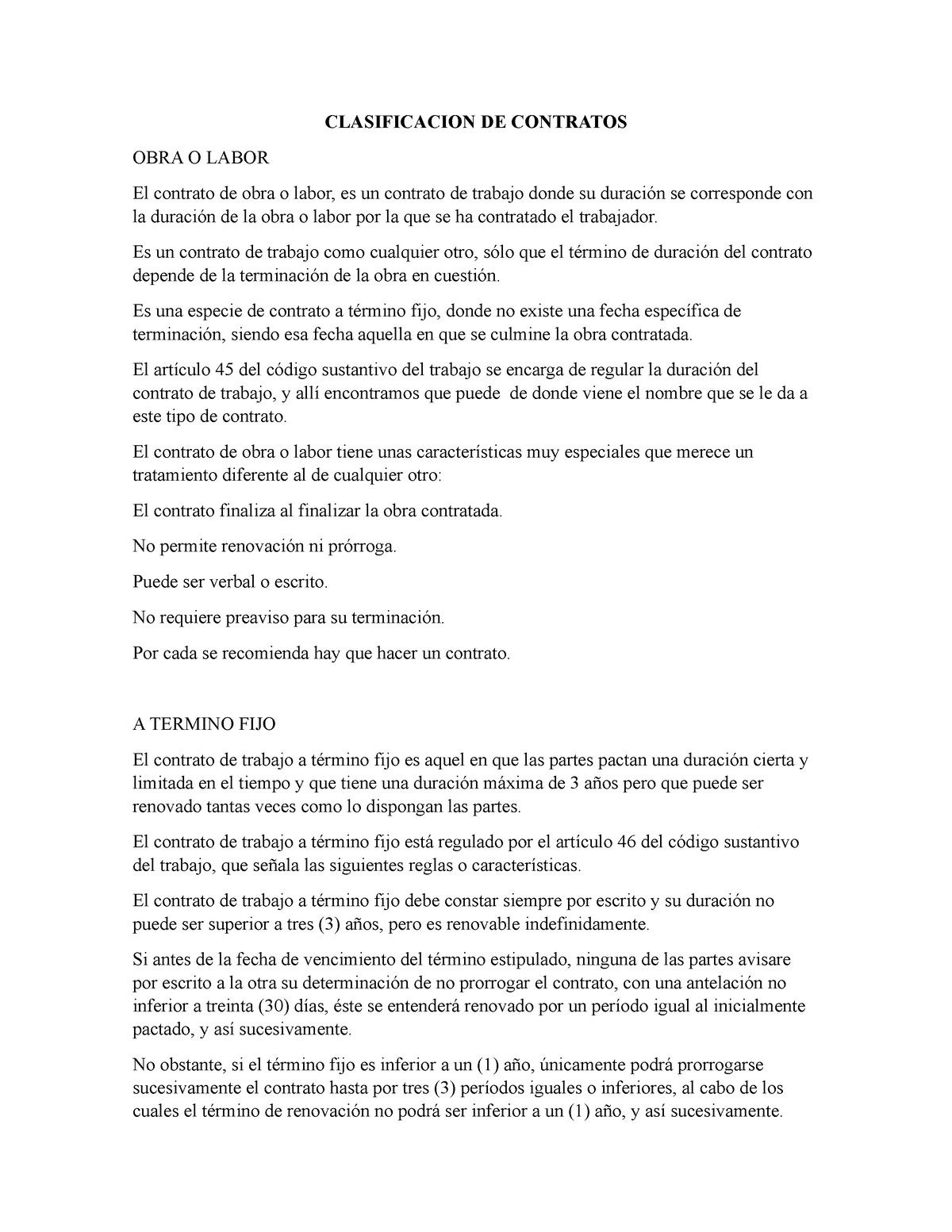 Clasificacion De Contratos Clasificacion De Contratos Obra O Labor El