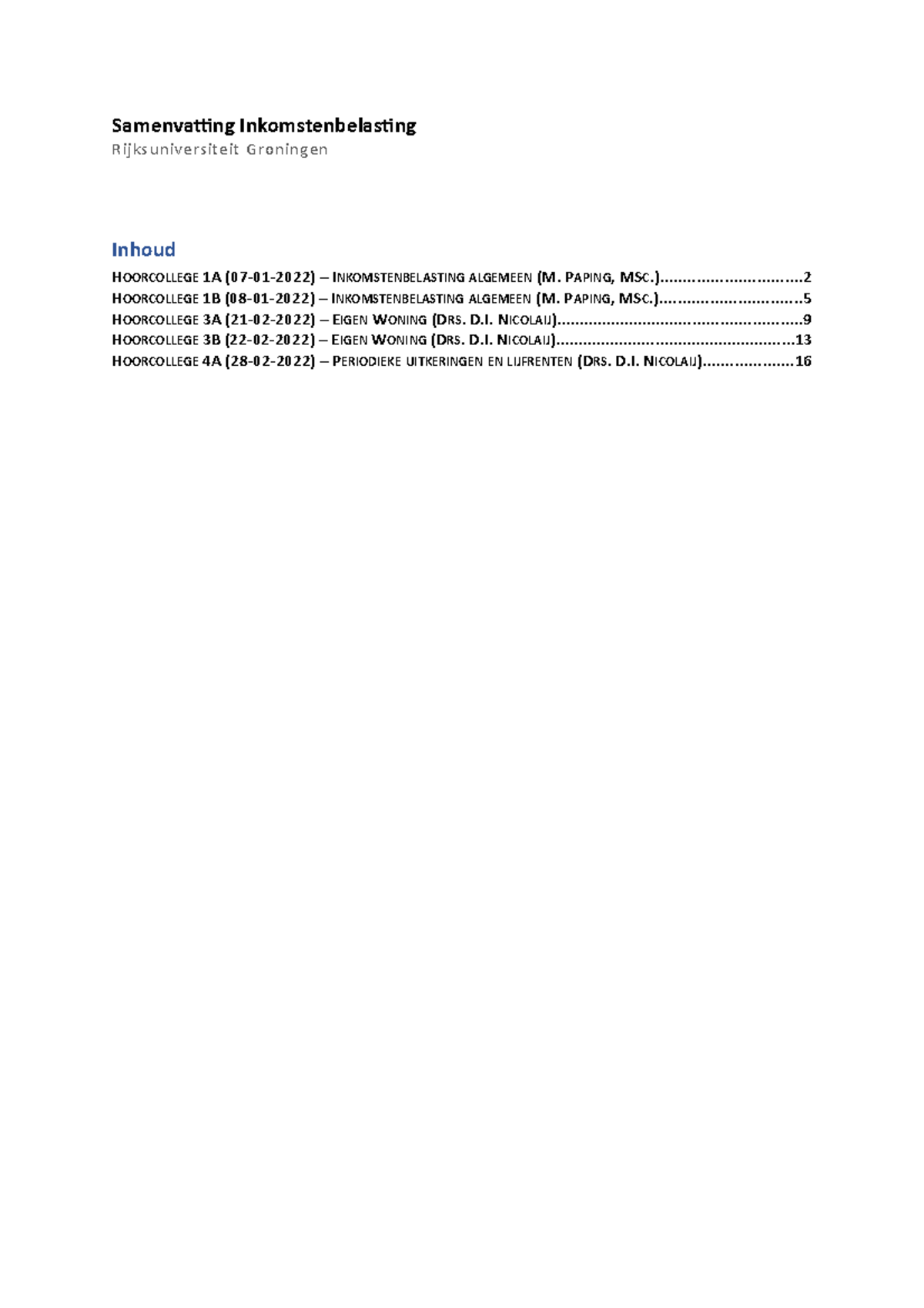 Samenvatting Inkomstenbelasting Samenvatting Inkomstenbelasting