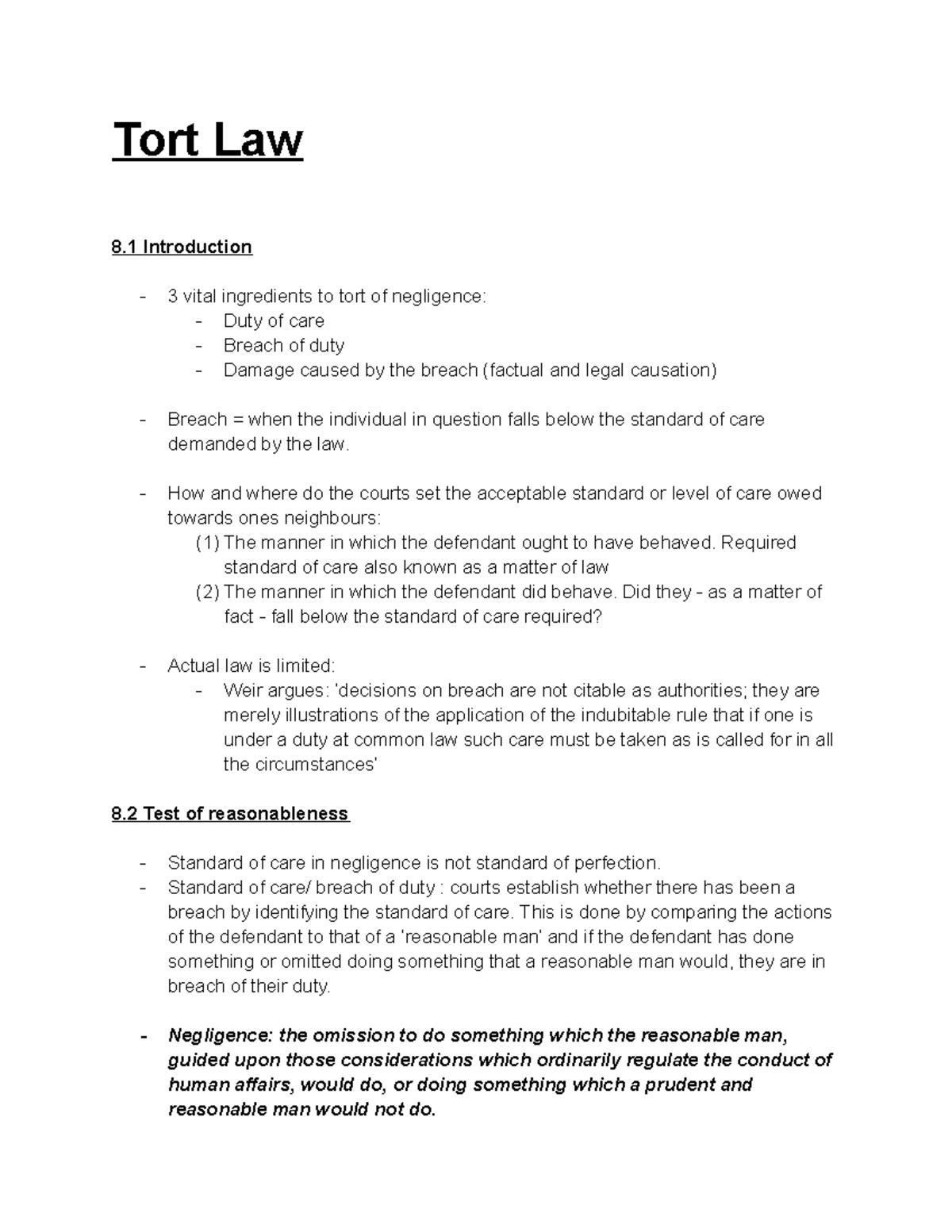 Tort Law Chapter 8 Breach Of Duty Standard Of Care Tort Law 8