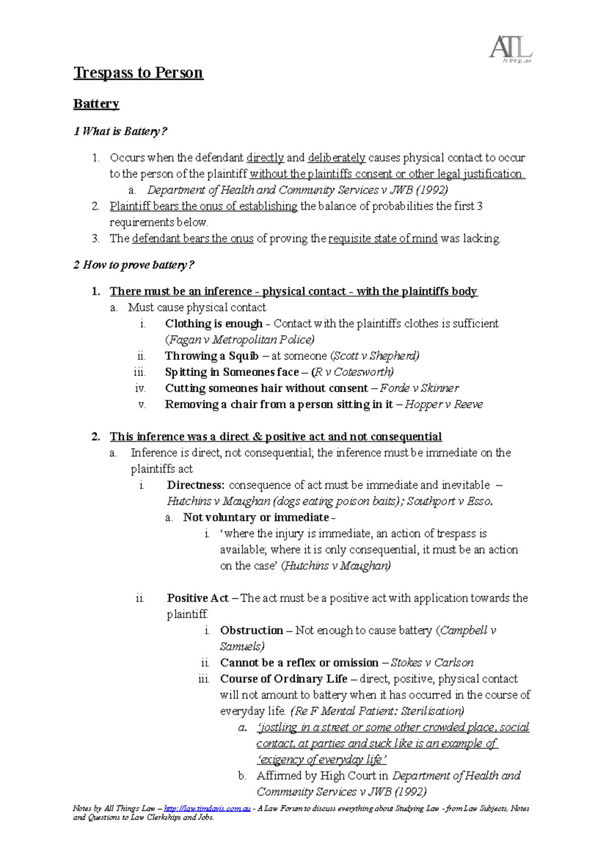 Torts Trespass To Person Battery 1 What Is Battery Occurs When The