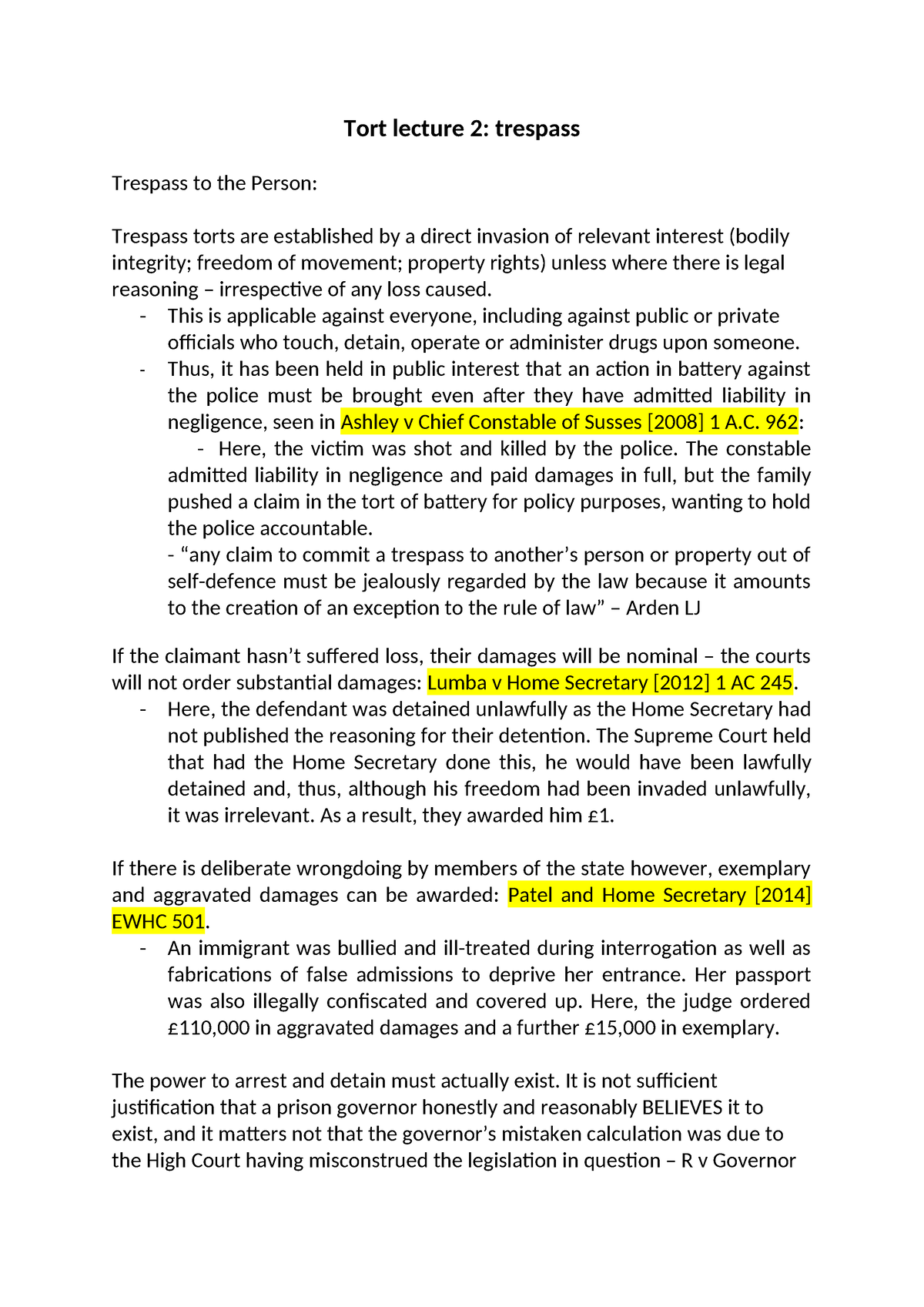 Tort Lecture 2 Trespass Tort Lecture 2 Trespass Trespass To The