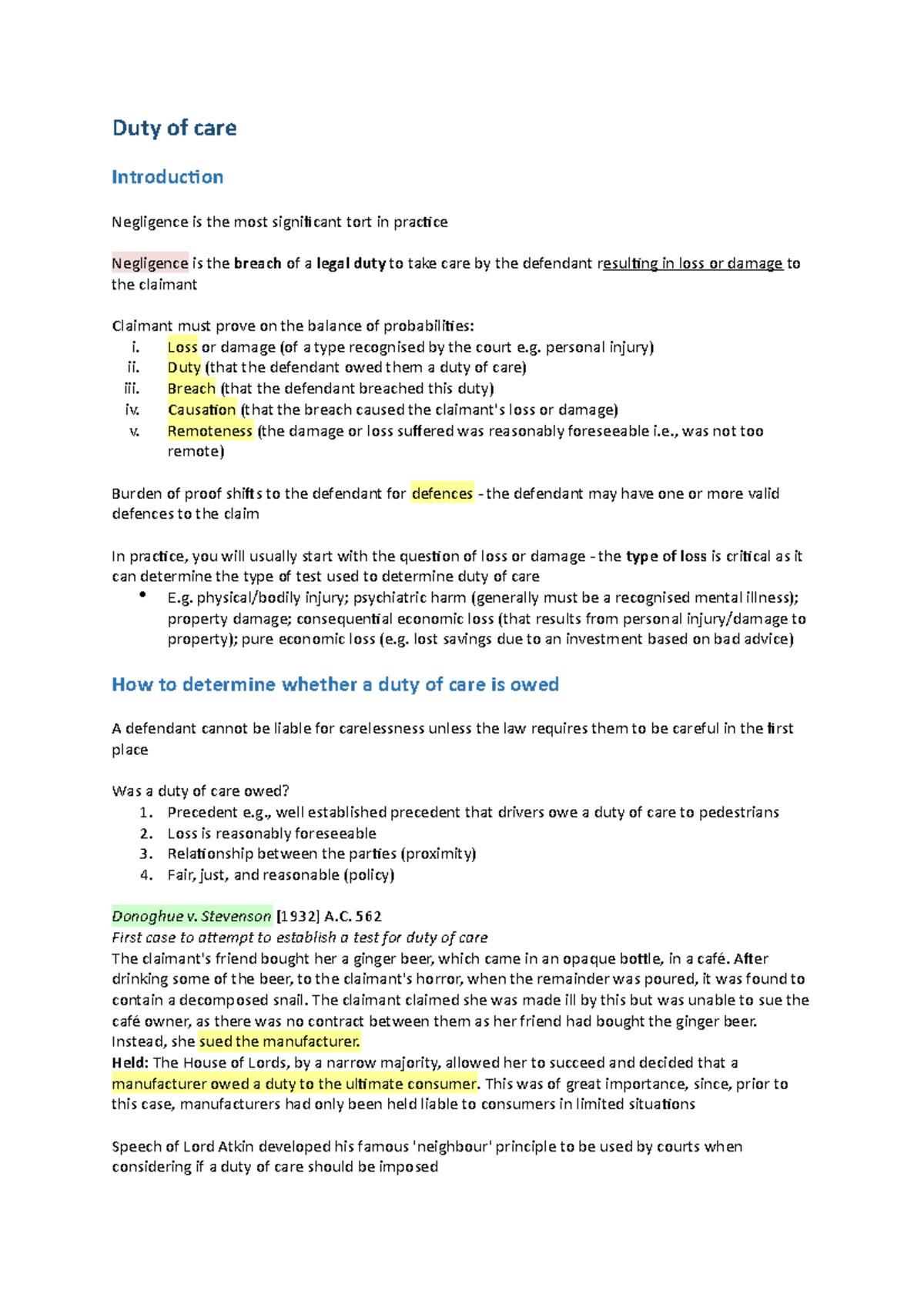 Lecture 1 Notes For Tort Law Duty Of Care Introduction Negligence Is