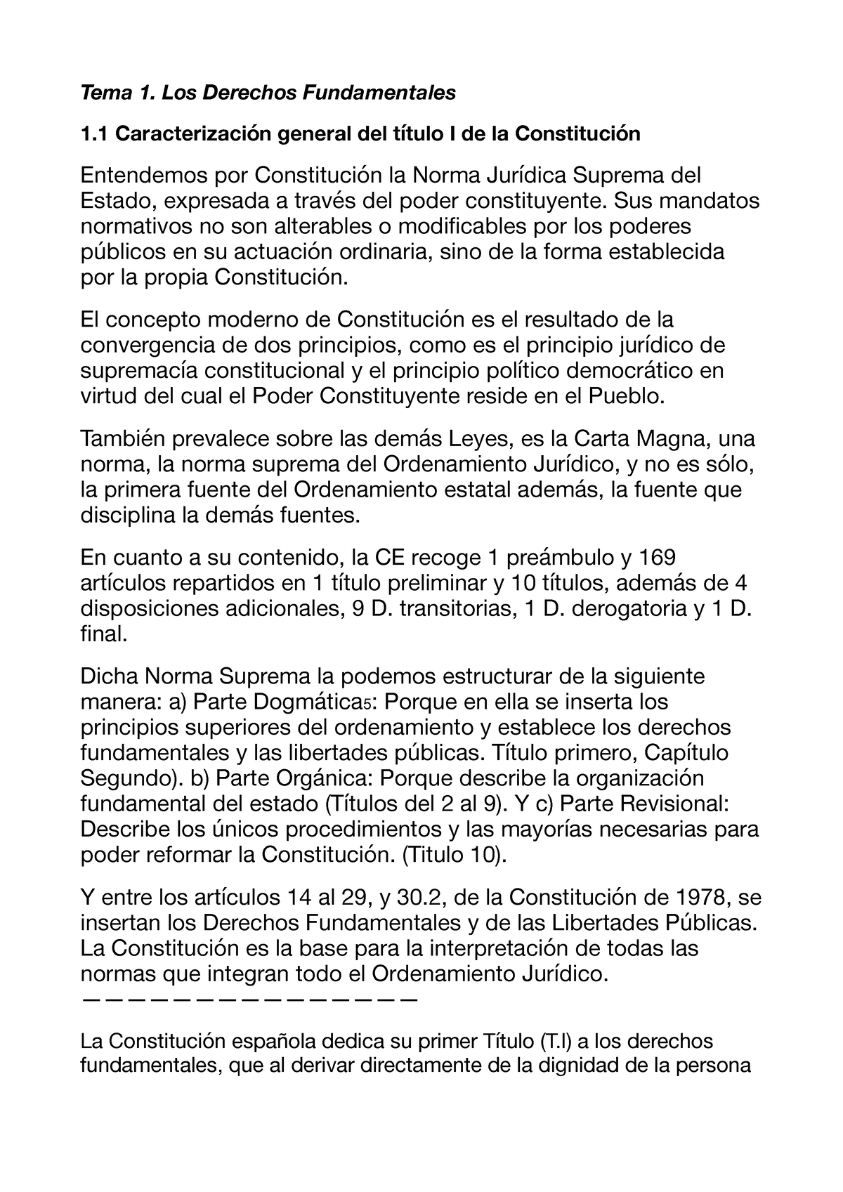 Parcial Consti 3 Tema 1 Los Derechos Fundamentales 1 Caracterización