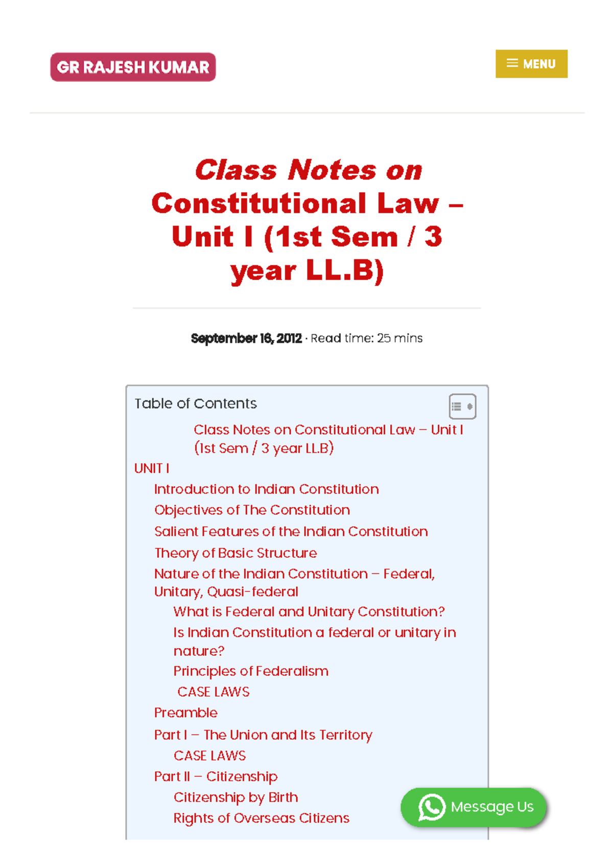 Constitution Notes Class Notes On Constitutional Law Unit I 1st