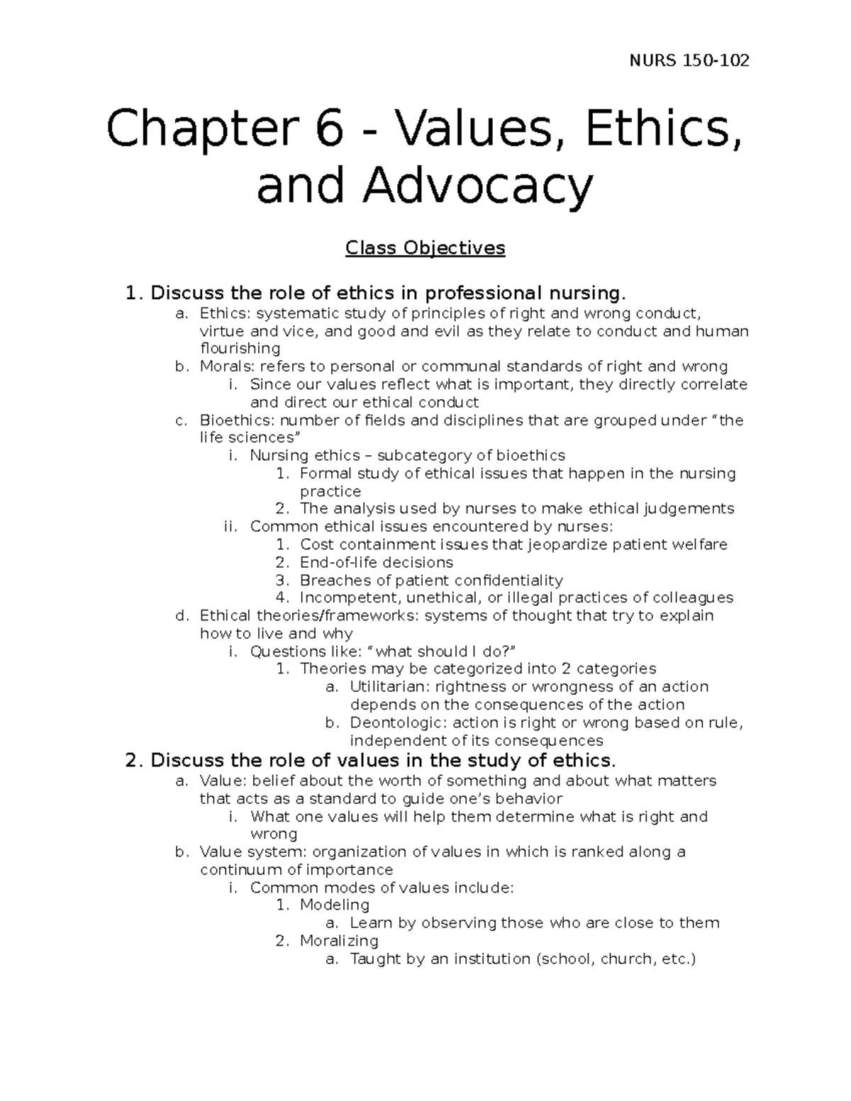 Nurs 150 102 Chapter 6 Objectives Chapter 6 Values Ethics And