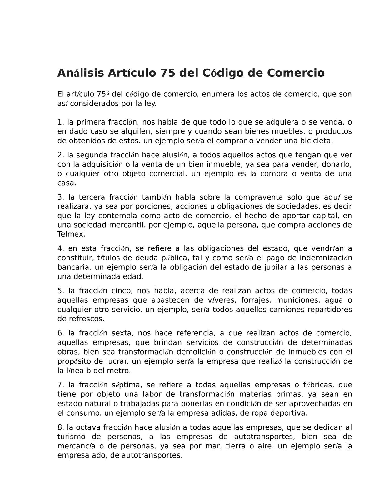 Análisis Artículo 75 Del Código De Comercio La Primera Fracci ó N