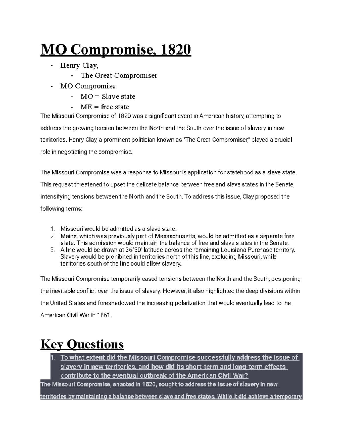 Mo Compromise 1820 Key Questions Mo Compromise 1820 Henry Clay The