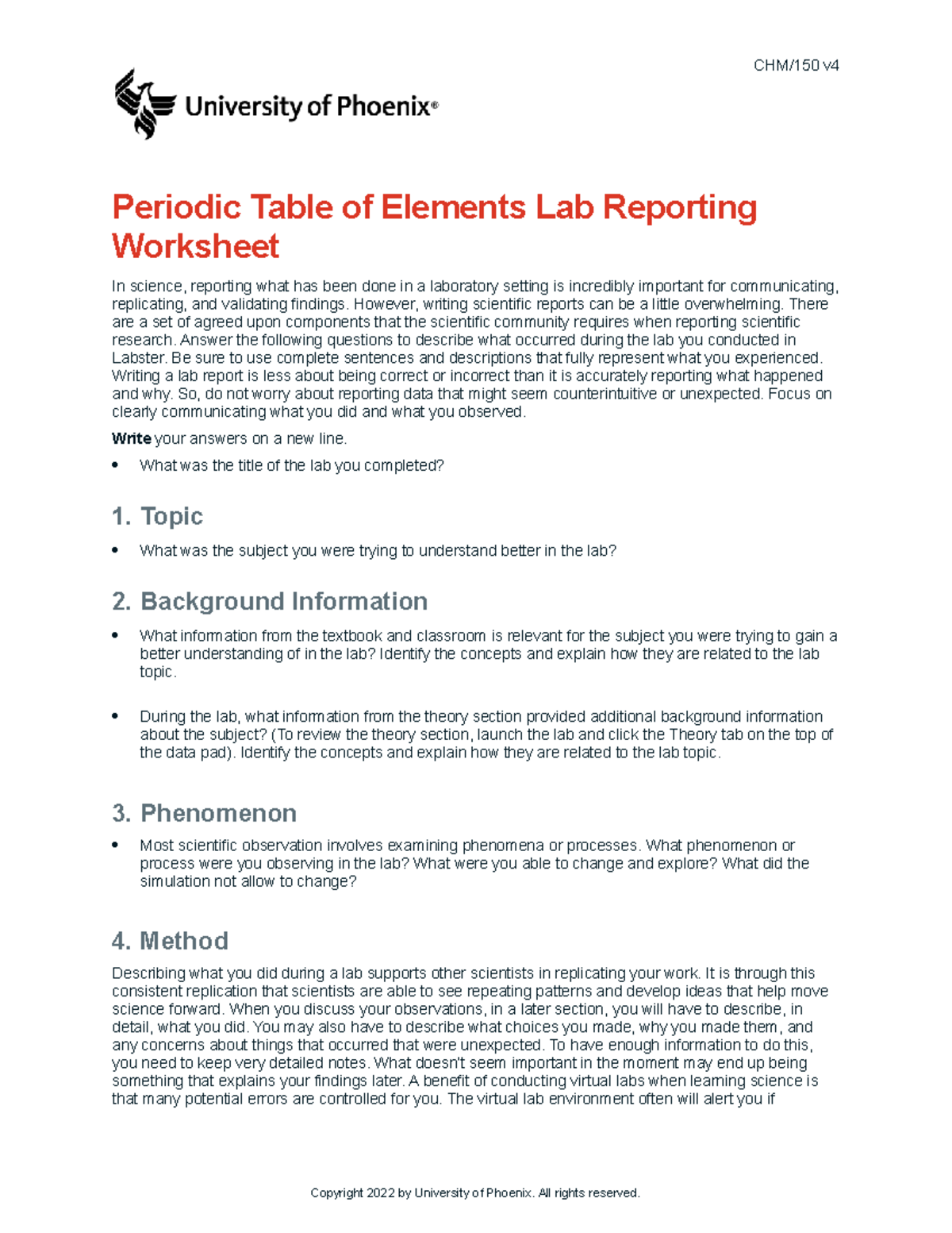 Chm150 V4 Wk3 Periodic Table Of Elements Lab Report Observational Chm