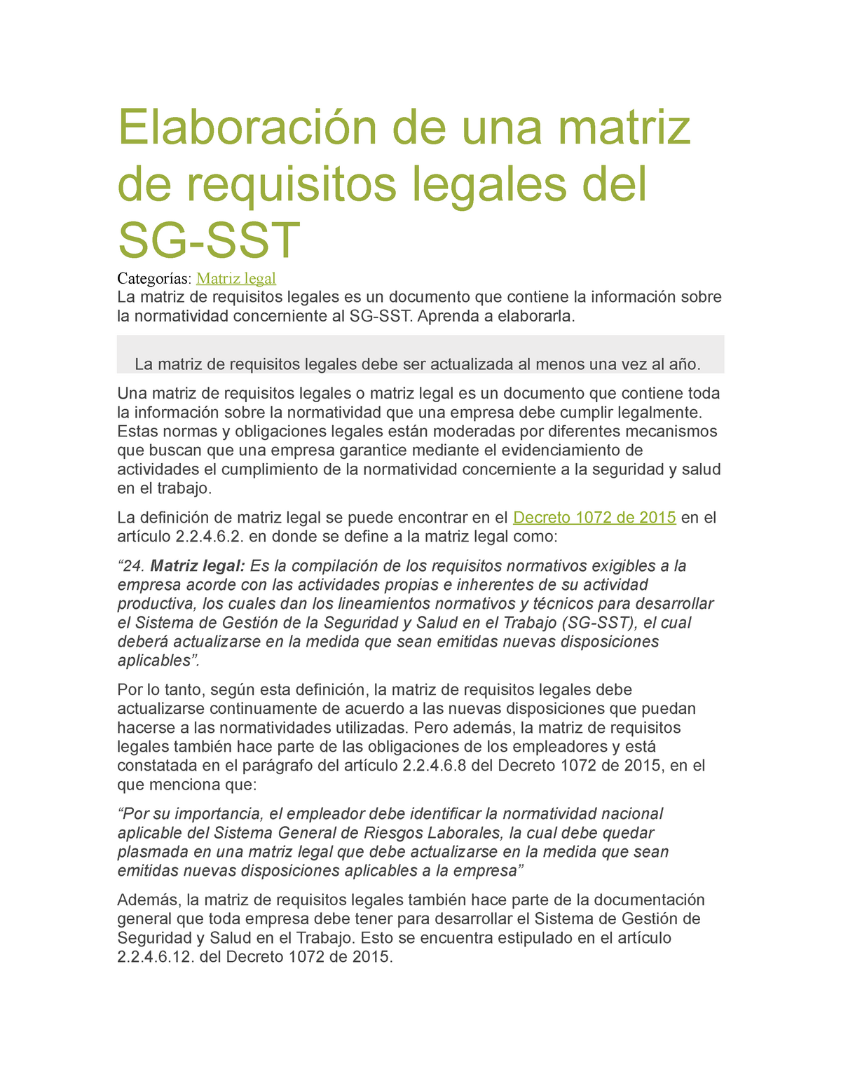 Elaboración De Una Matriz De Requisitos Legales Del Sg Elaboración De