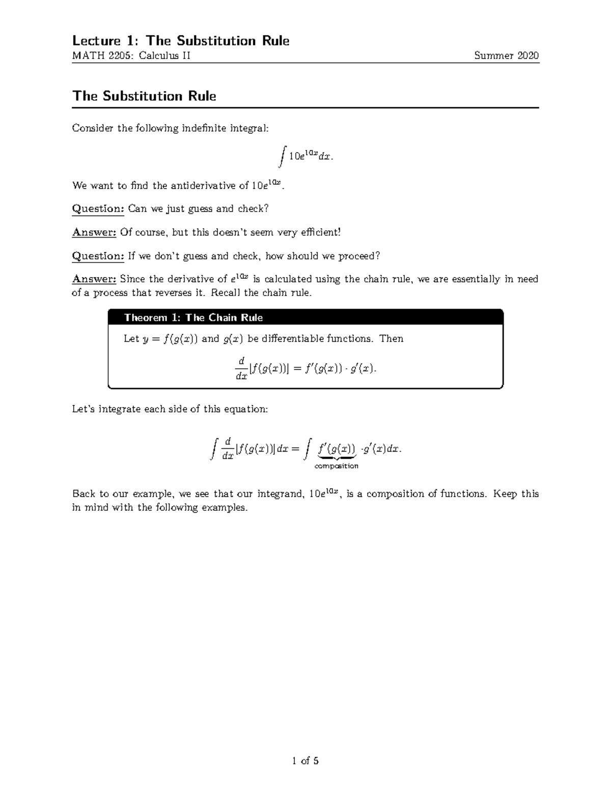 L01 The Substitution Rule Lecture 1 The Substitution Rule Math