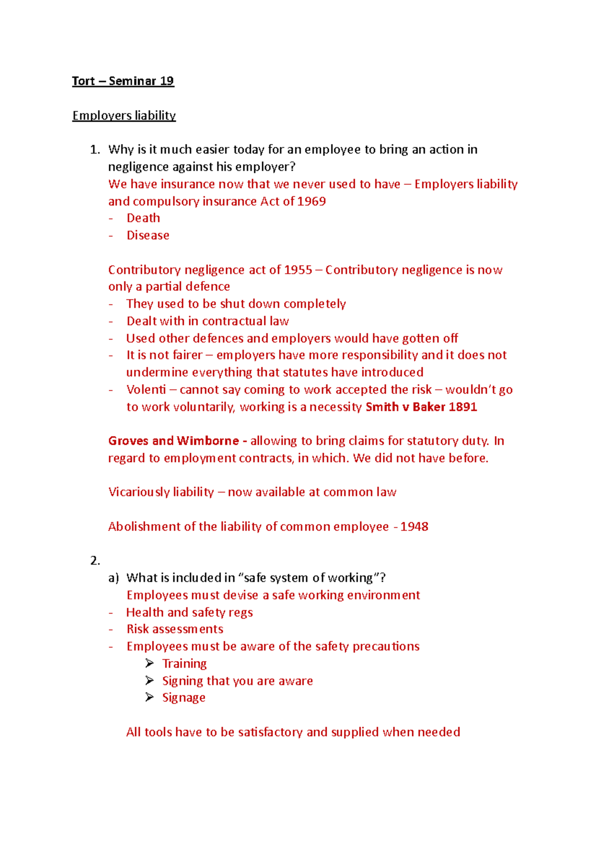 W19 Seminar Lecture Notes 19 Tort Seminar 19 Employers Liability