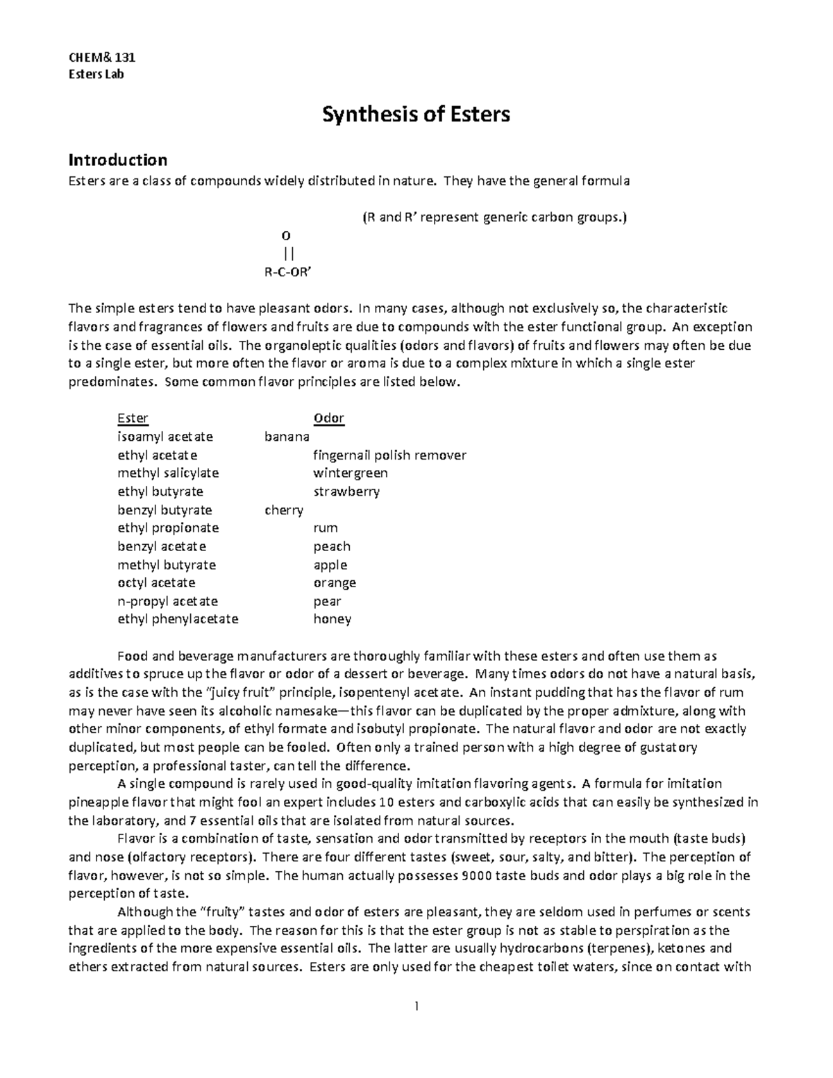 Chem131 Lab Esters Lab Report Chemand 131 Esters Lab 1 Synthesis Of