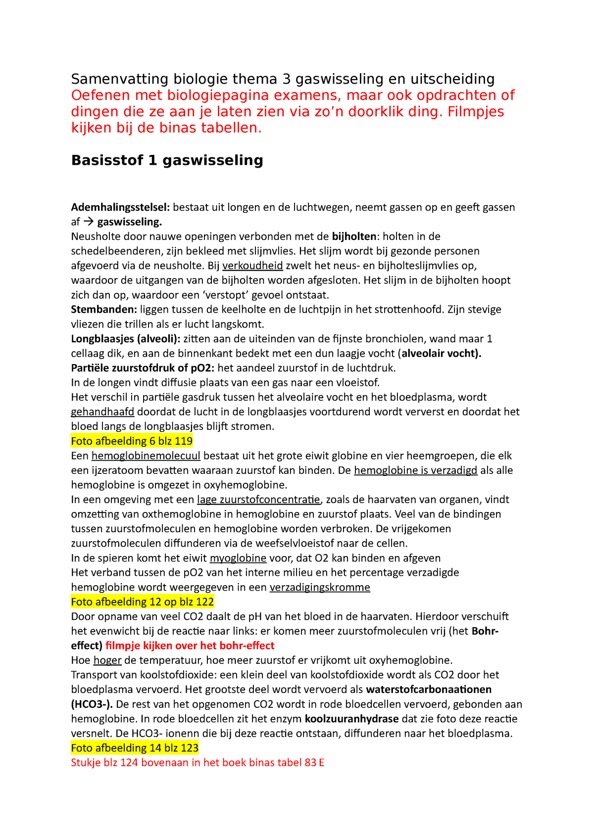 Samenvatting Biologie Thema 3 Gaswisseling En Uitscheiding