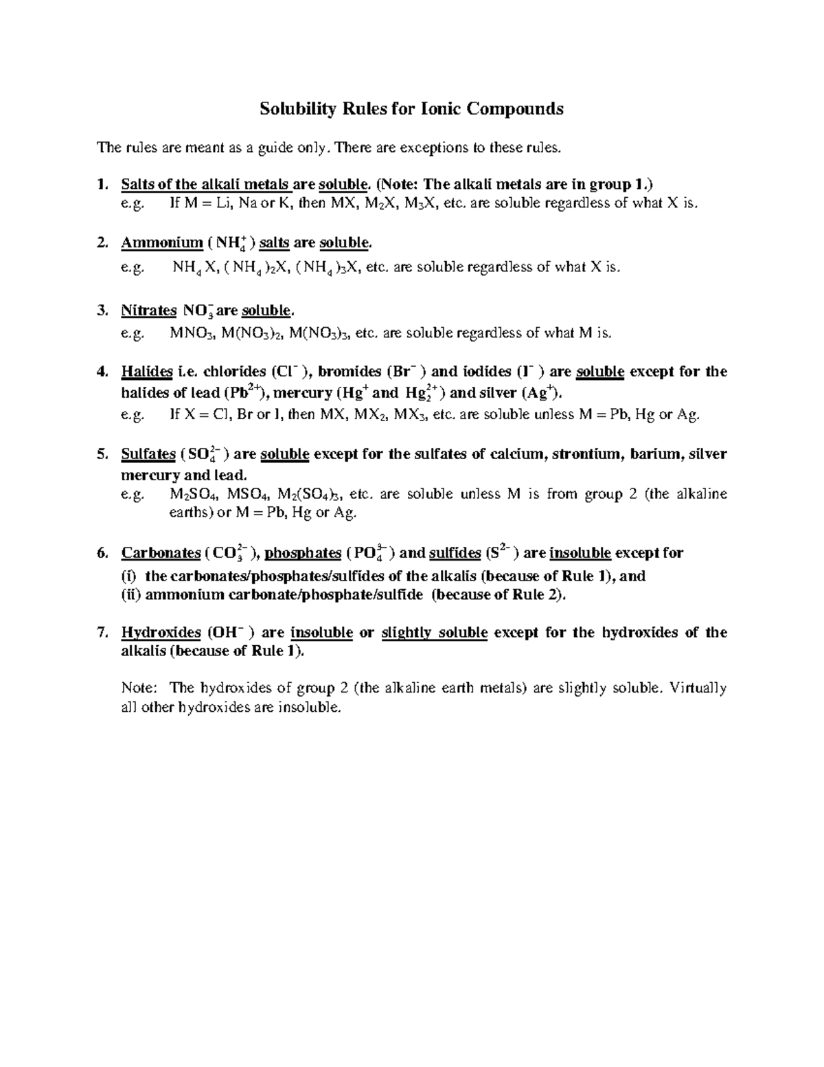 Solubility Rules Notenote Solubility Rules For Ionic Compounds The