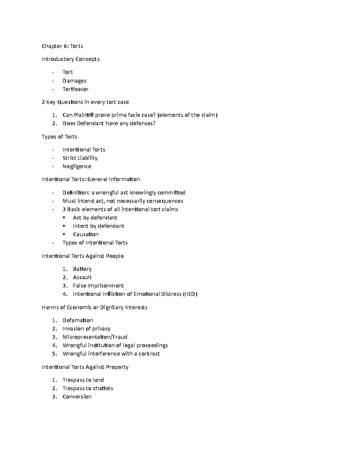 Chapter 6 Legal Law Torts Chapter 6 Torts Introductory Concepts