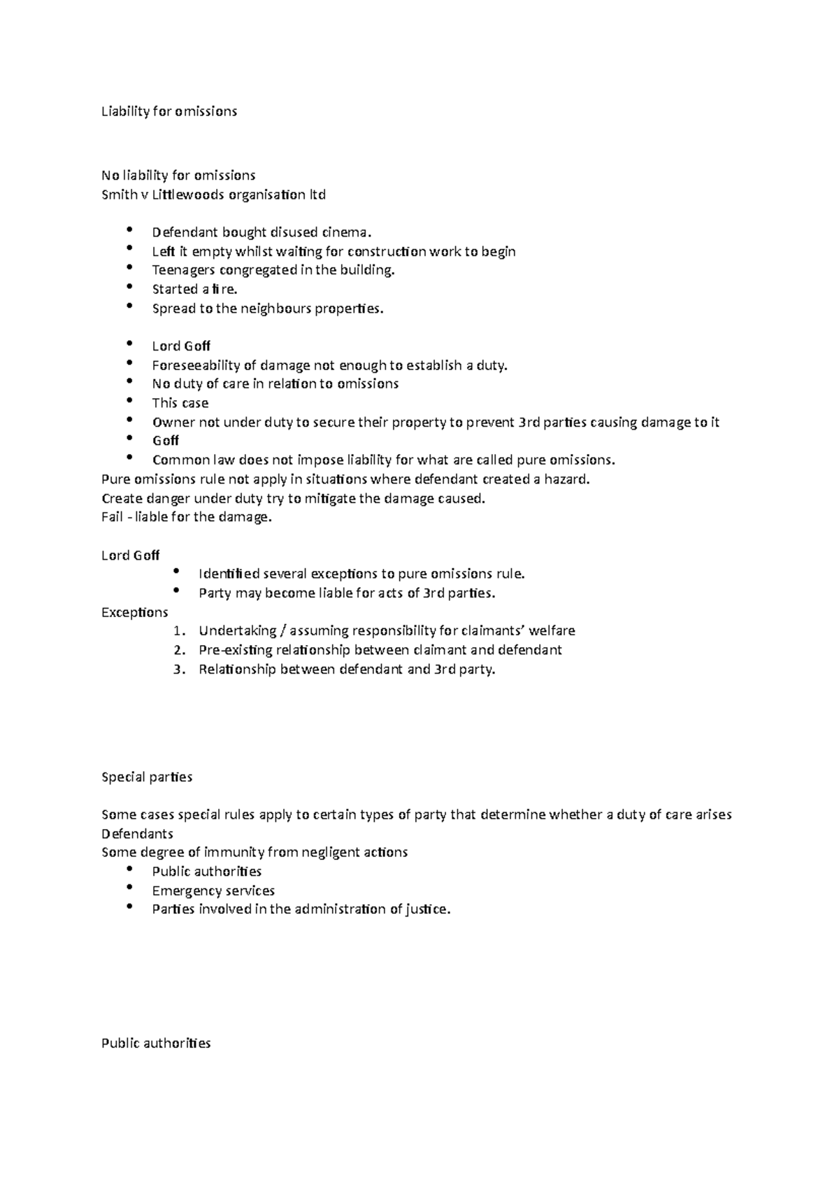 Omission Tort Law Notes Unit 1 Liability For Omissions No Liability