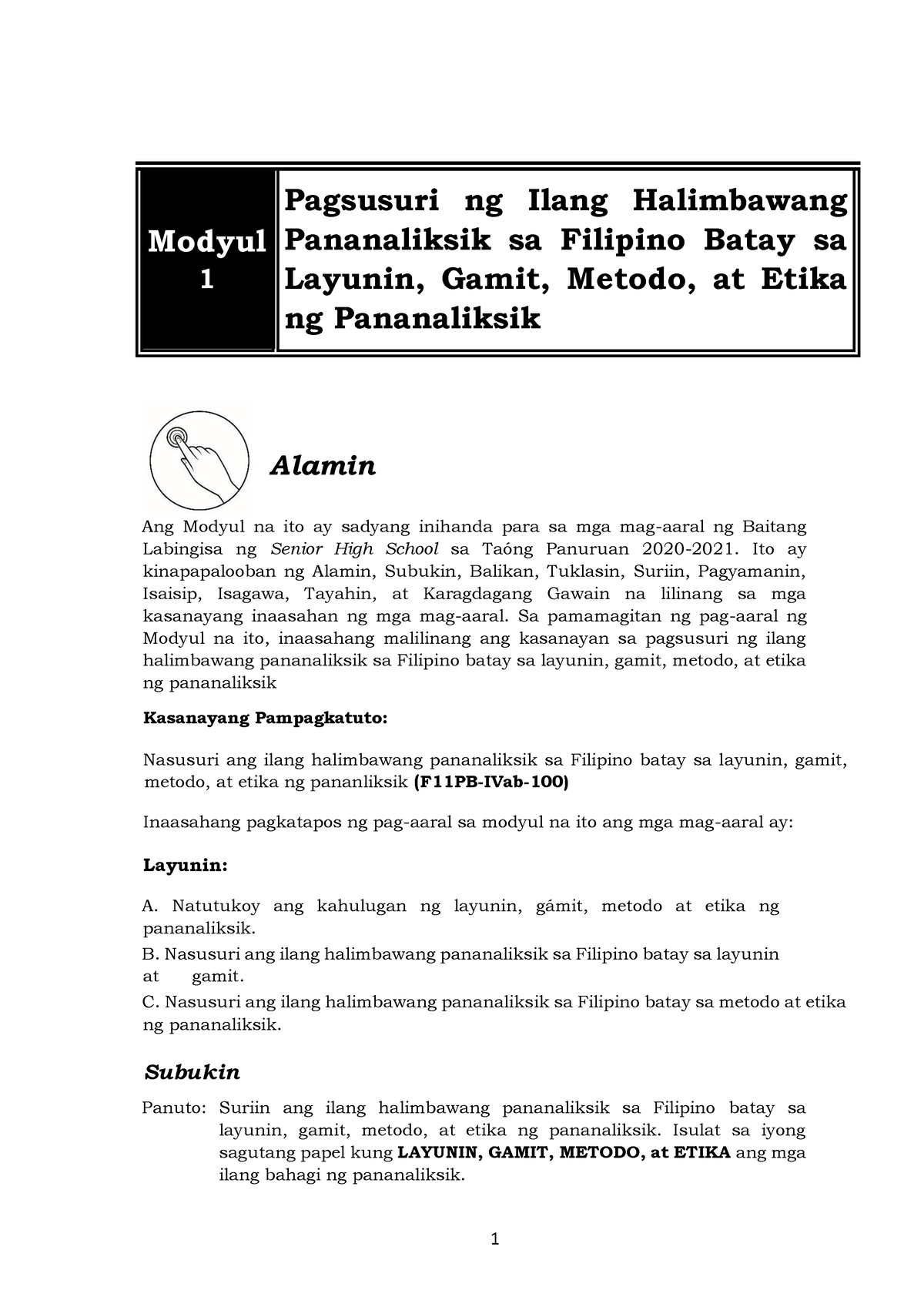 Pagbasa For Printing Final Modyul 1 Pagsusuri Ng Ilang Halimbawang