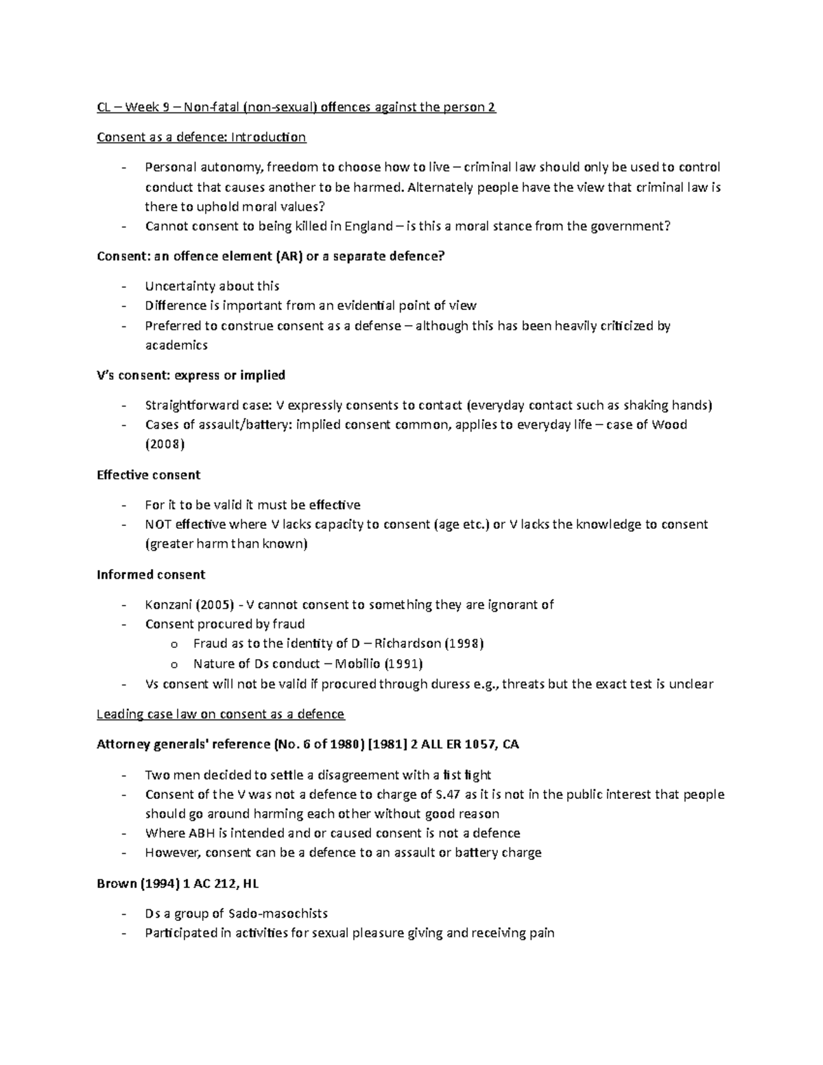 Cl Week 9 Non Fatal Offences Against The Person 2 Cl Week 9