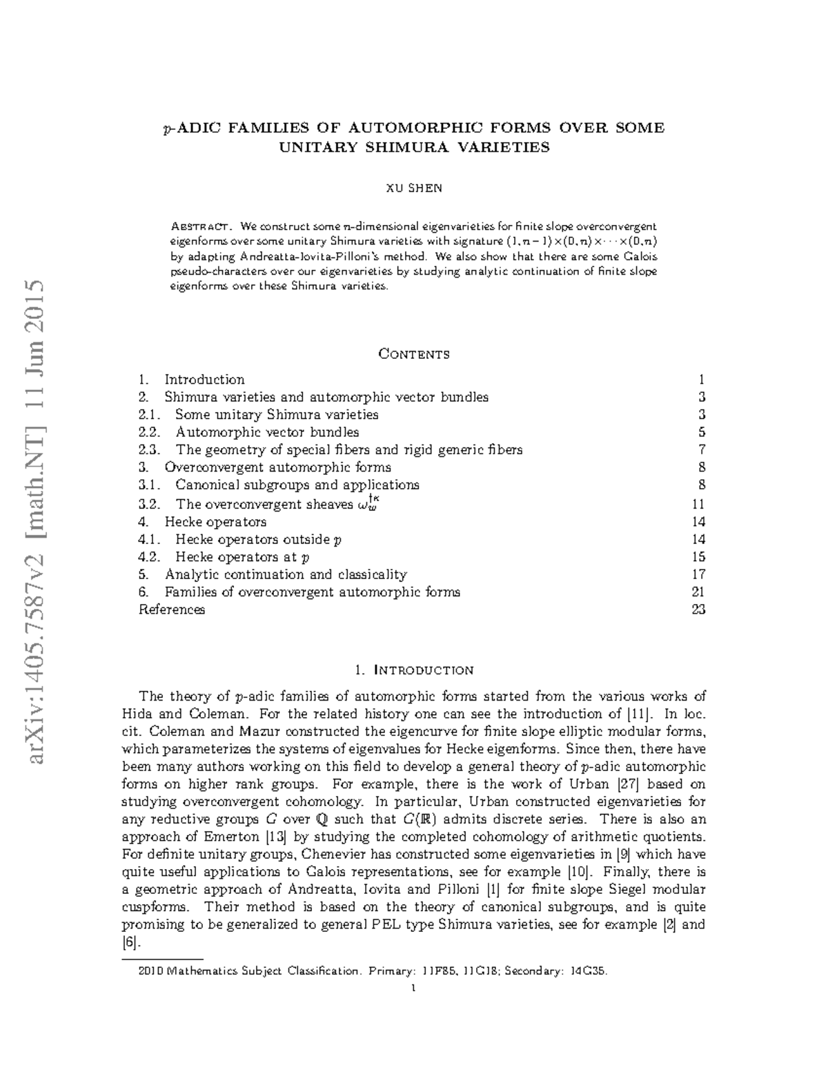 1405 Cours P Adic Families Of Automorphic Forms Over Some Unitary