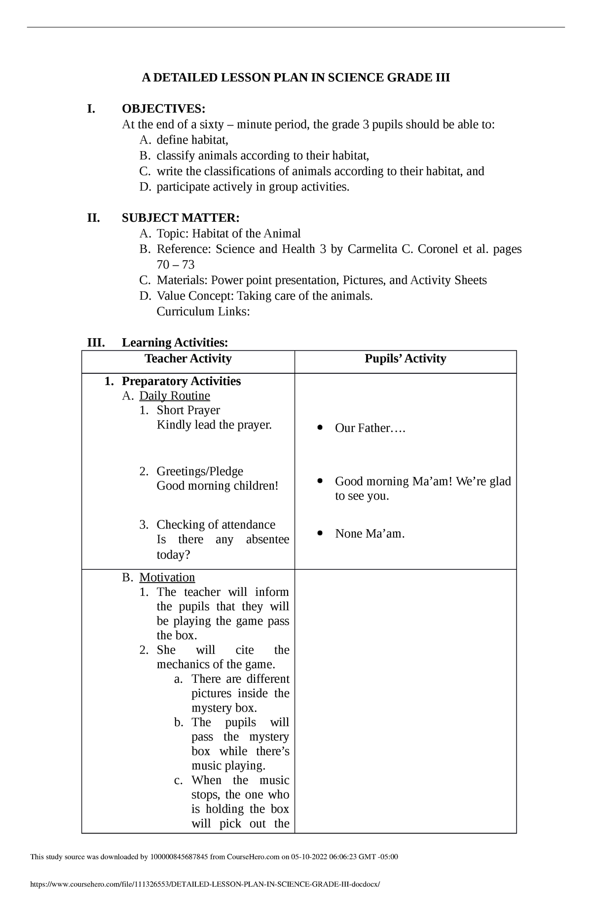 Detailed Lesson Plan In Science Grade Iii Doc A Detailed Lesson Plan