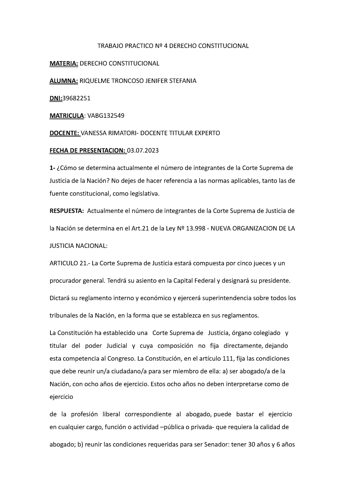 Derecho Constitucional Trabajo Practico N 4 Trabajo Practico Nº 4