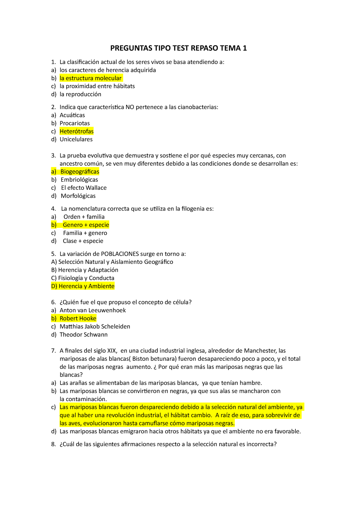 Preguntas Tipo Test Repaso Tema 1 Biodiversidad Biología Preguntas