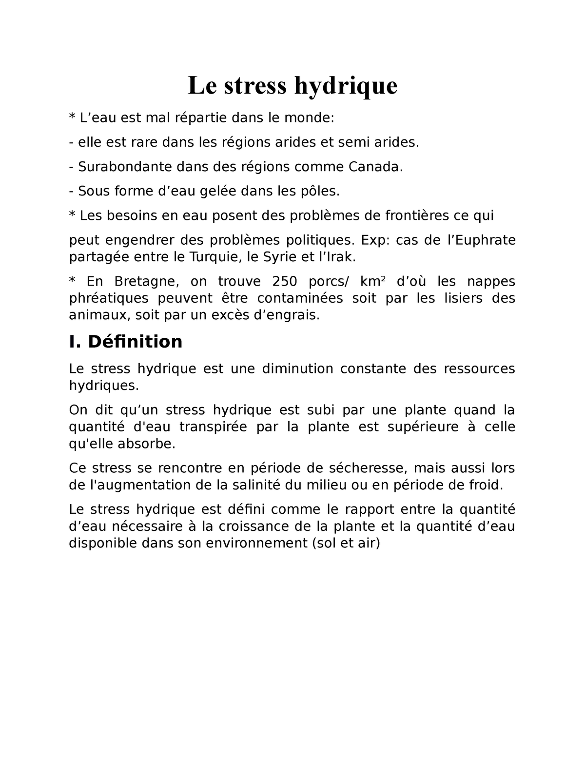 Le Stress Hydrique Le Stress Hydrique Leau Est Mal Répartie Dans Le