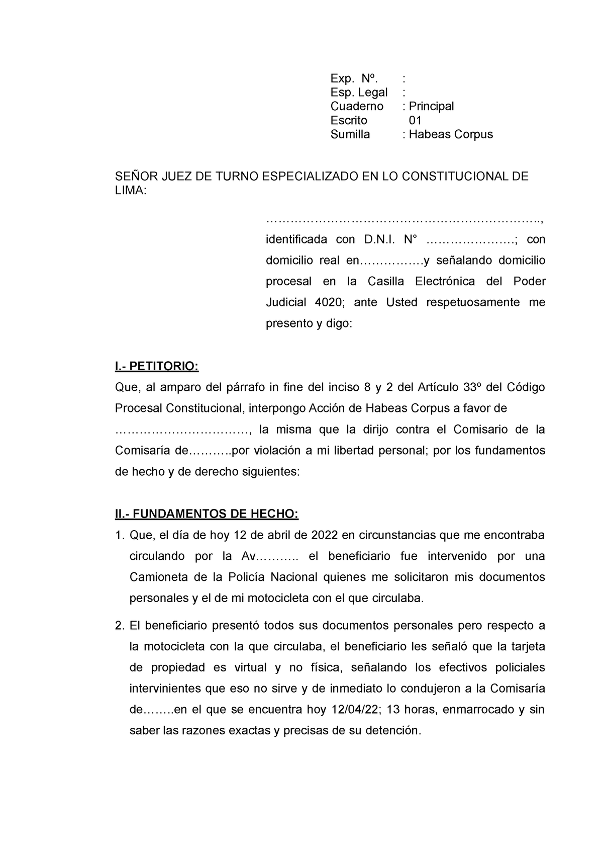 Modelo De Demanda De Habeas Corpus Exp Nº Esp Legal Cuaderno