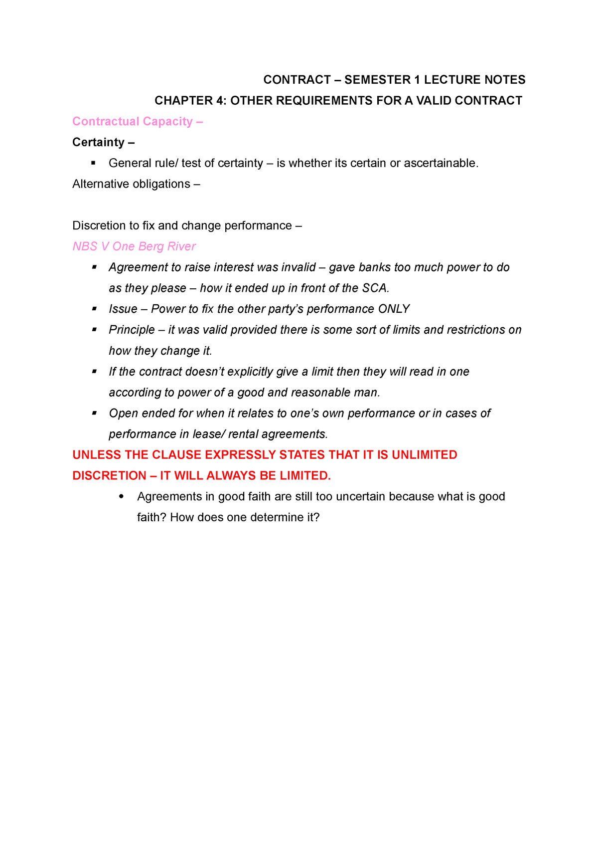 Chapter 4 Lecture Notes Contract Semester 1 Lecture Notes Chapter 4