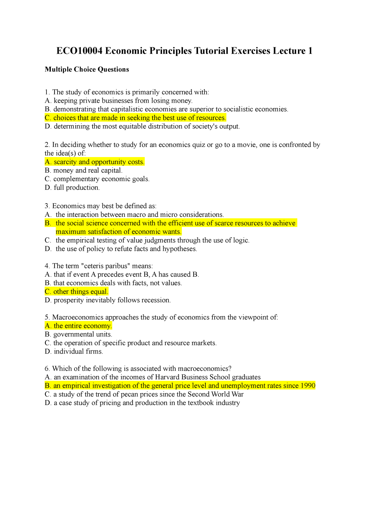 Eco10004 Economic Principles Tutorial Exercises Lecture 1 Keeping