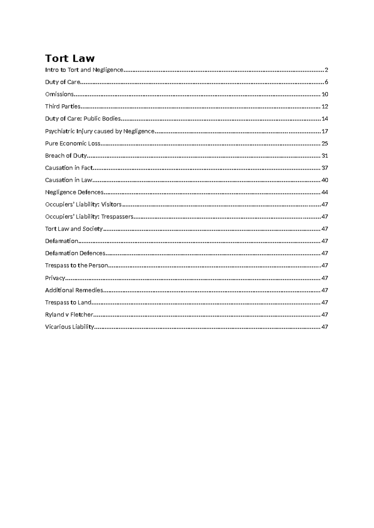 Tort Law Tort Law Lecture Notes Tort Law Intro To Tort And Studocu