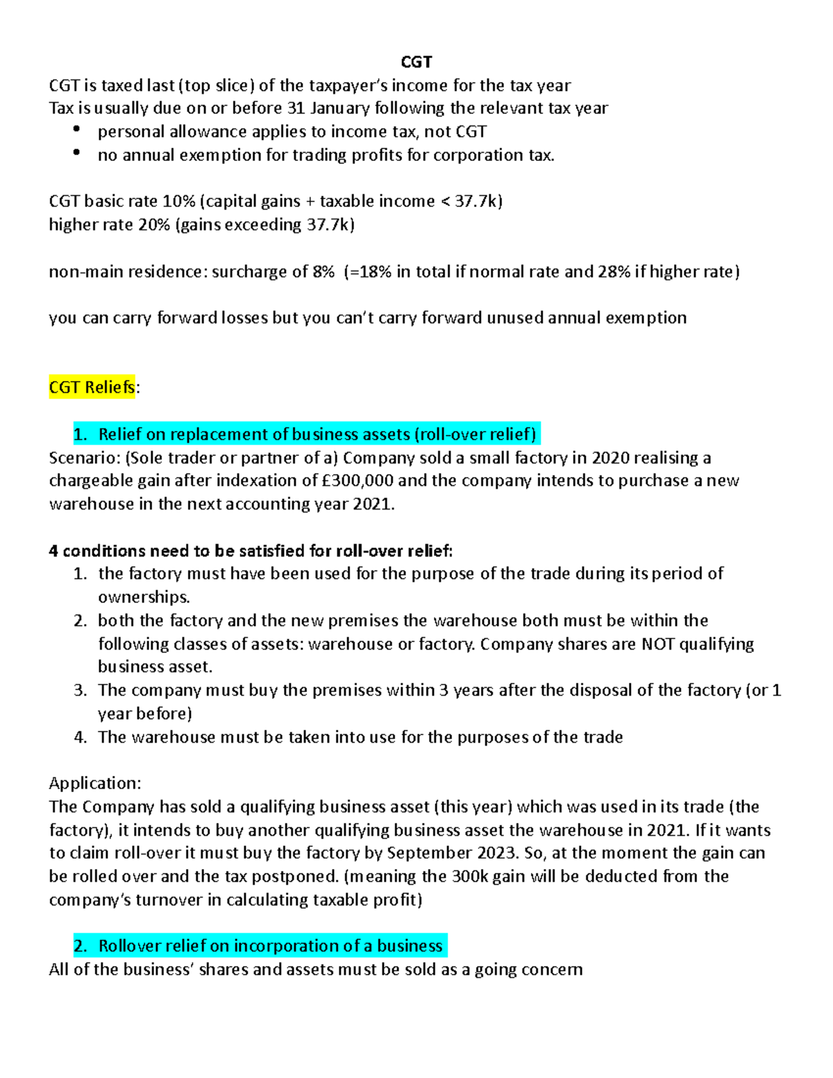 Cgt Capital Gains Tax Revision Notes Cgt Cgt Is Taxed Last Top Slice