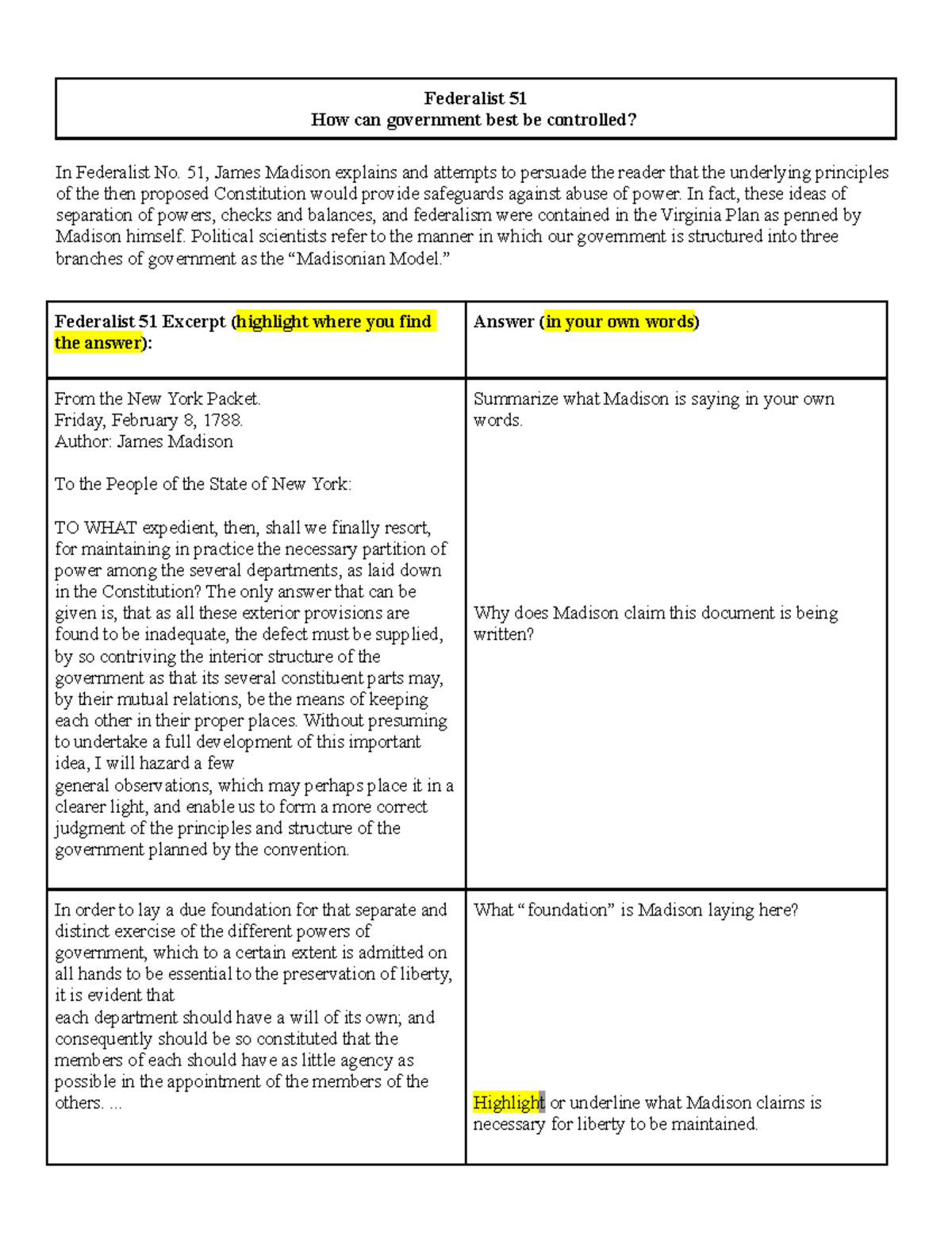 Federalist 51 Federalist 51 How Can Government Best Be Controlled In