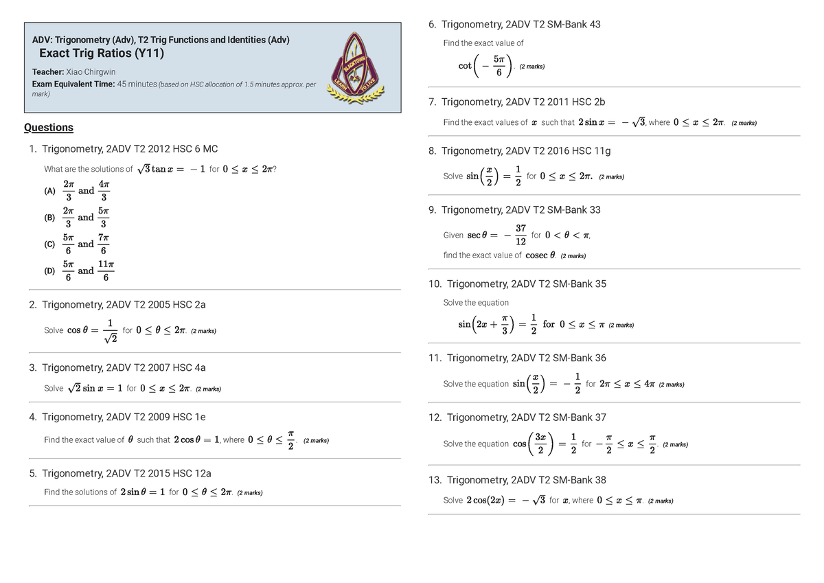 2020 Yr11 Trig Ratios In Radians Past Hsc Qanda 1 Trigonometry 2adv