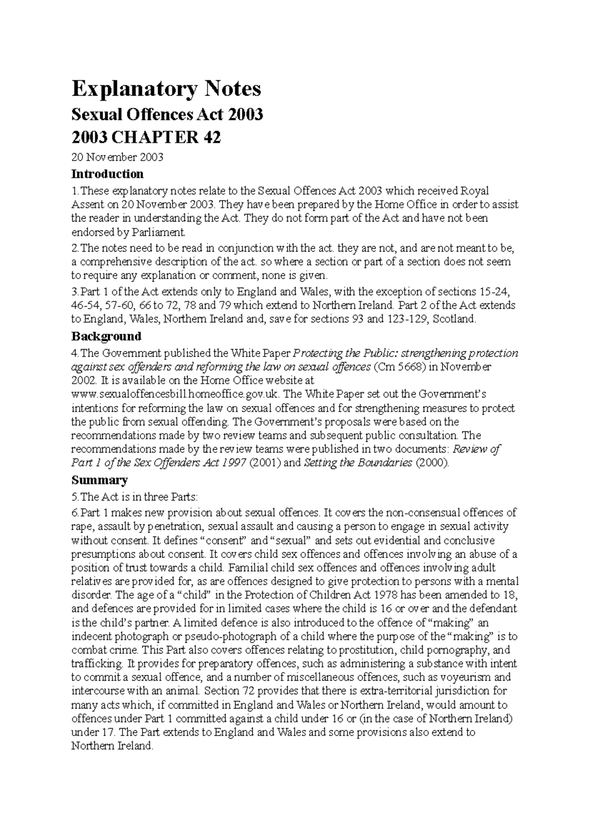 Sexual Offences Act 2003 Explanatory Notes Explanatory Notes Sexual