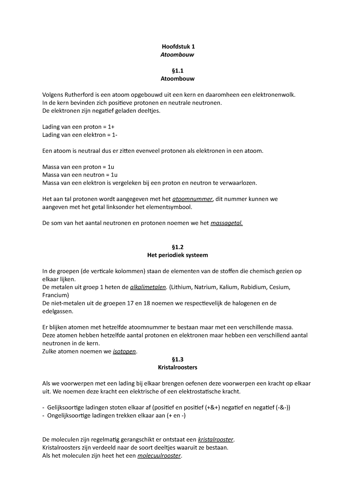 Scheikunde Samenvatting Internet Havo 4 Hoofdstuk 1 Atoombouw §1