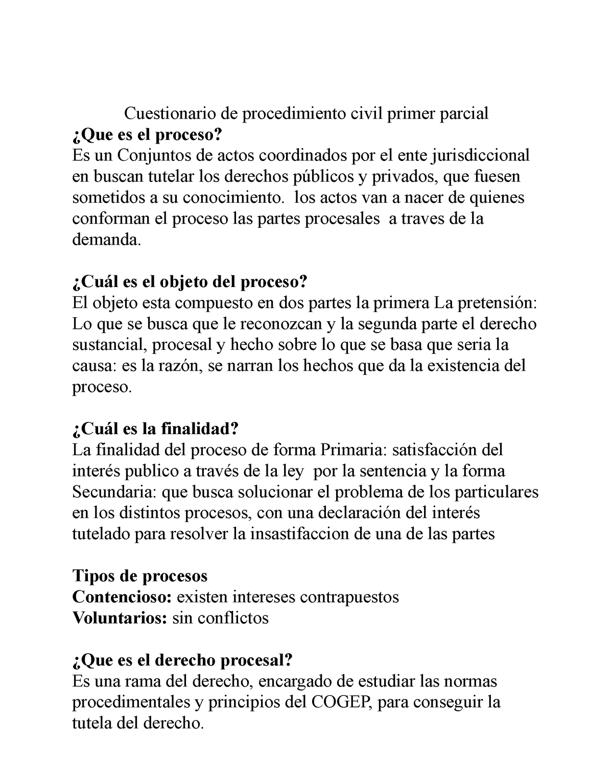 Cuestionario De Procedimiento Civil Primer Parcial Los Actos Van A