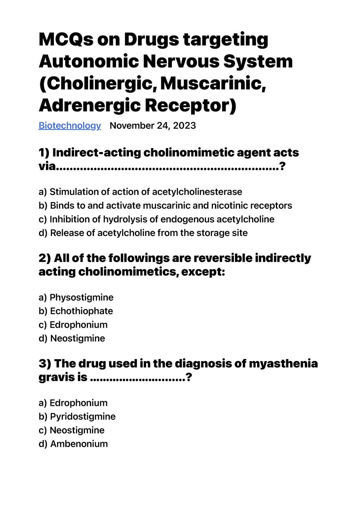 Mcqs On Drugs Targeting Autonomic Nervous System Cholinergic