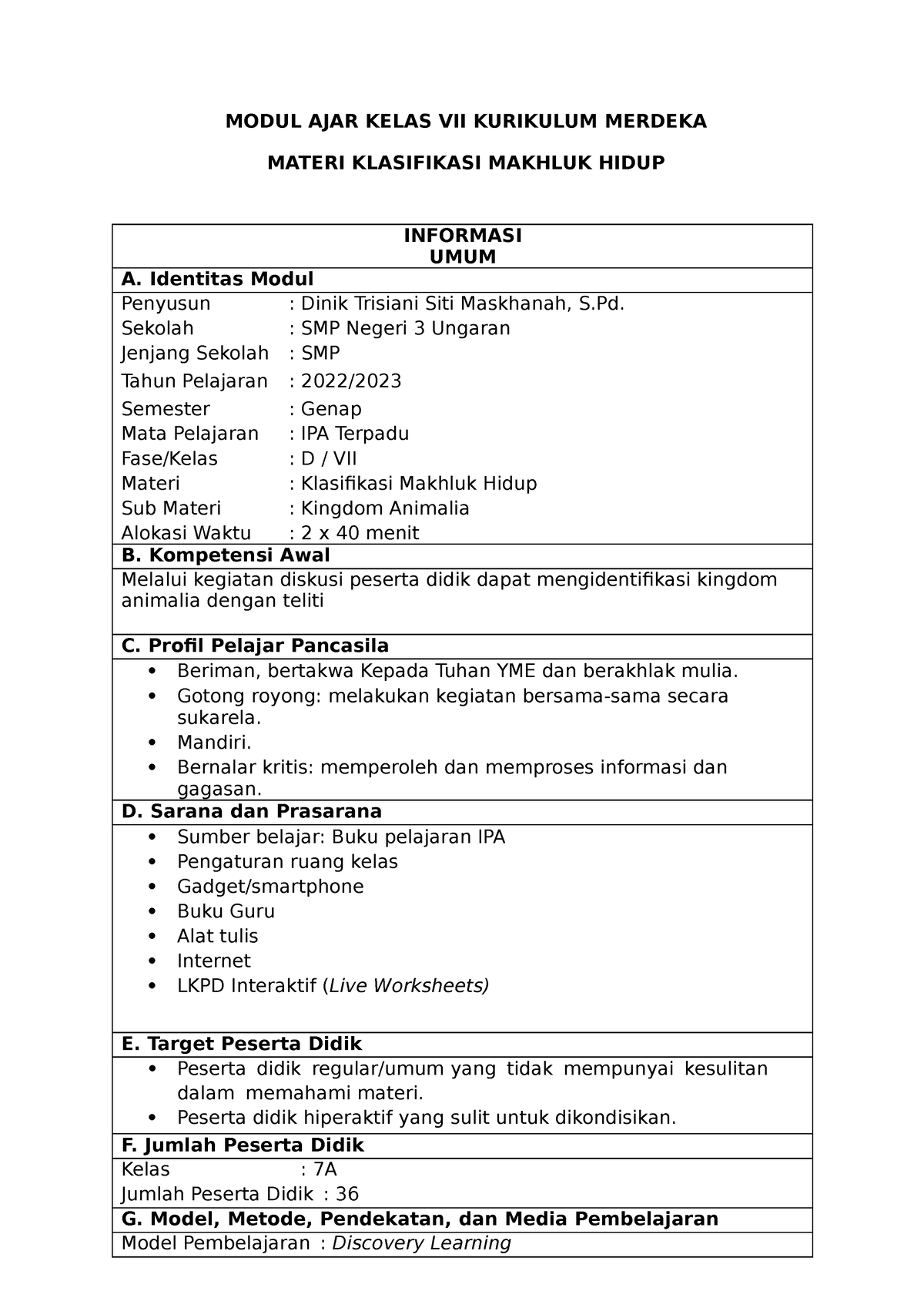 Modul Ajar Klasifikasi Makhluk Hidup Modul Ajar Kelas Vii Kurikulum