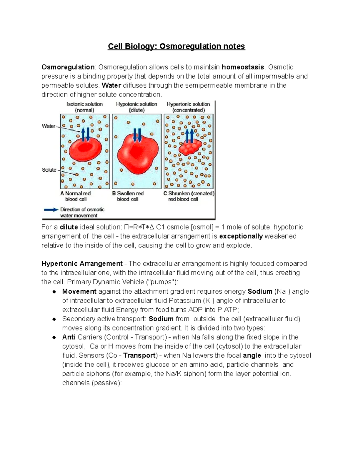 Cell Biology Osmoregulation Notes Cell Biology Osmoregulation Notes