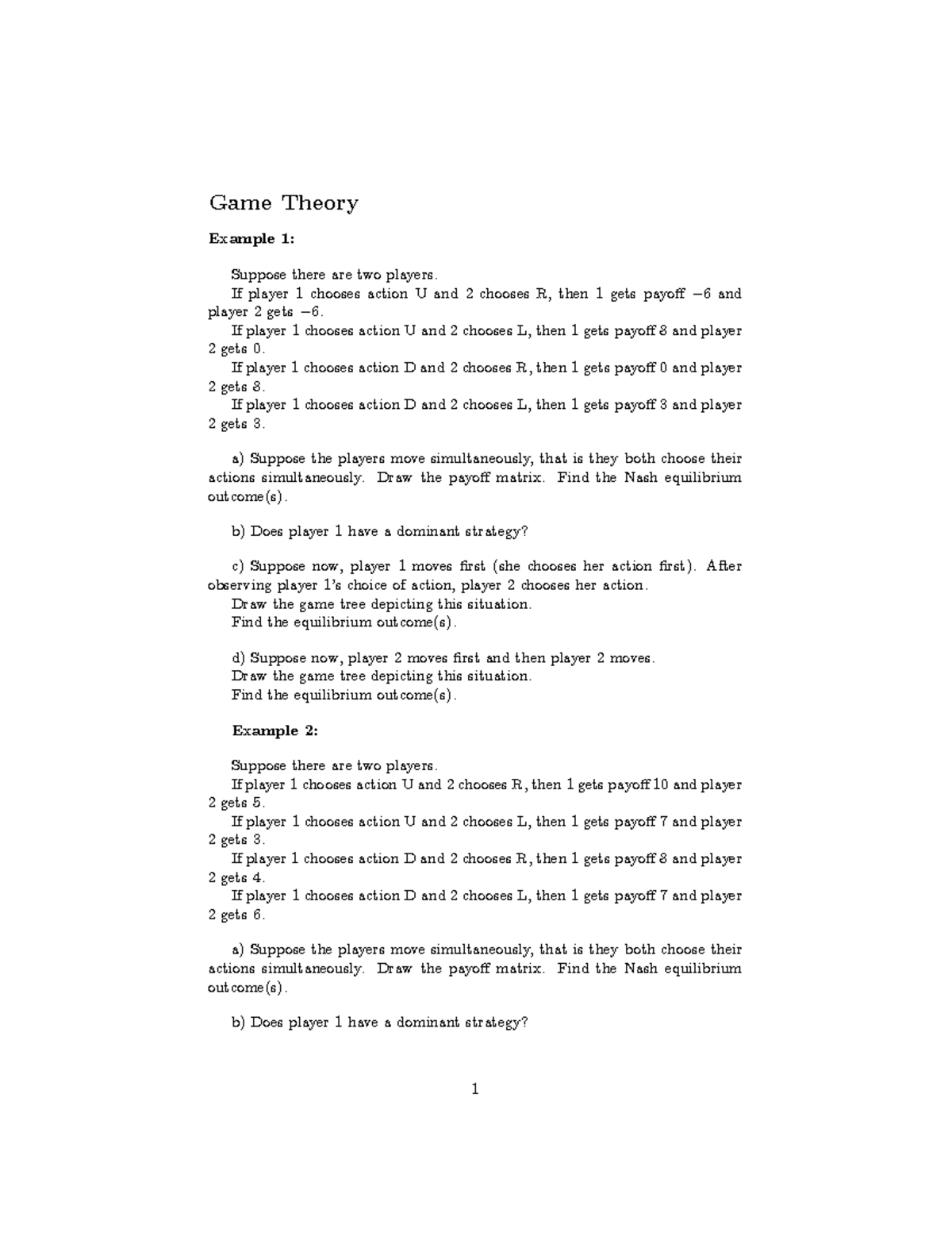 Game Theory Exercises Game Theory Example 1 Suppose There Are Two